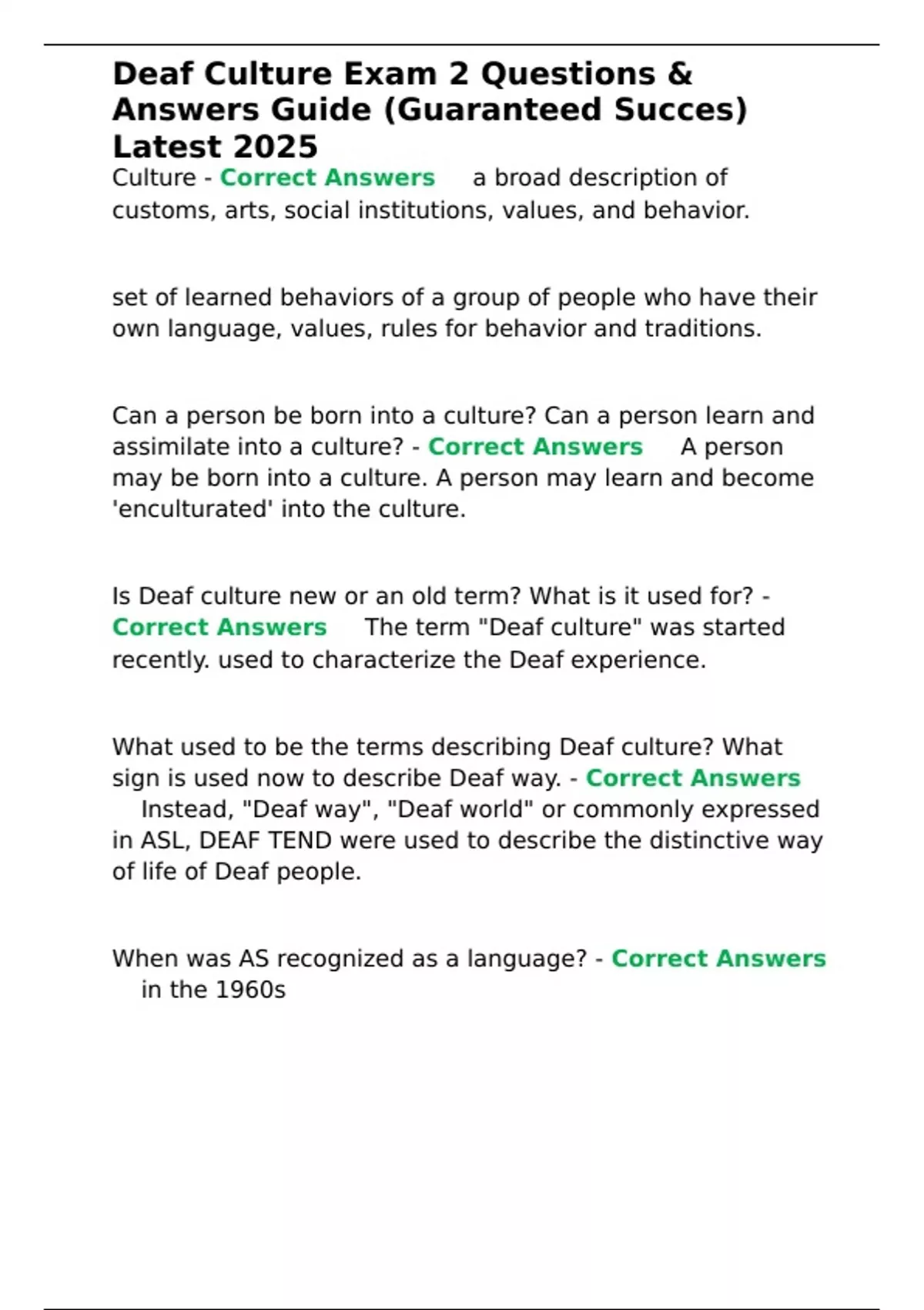 Deaf Culture Exam 2 Questions & Answers Guide (Guaranteed Succes ...