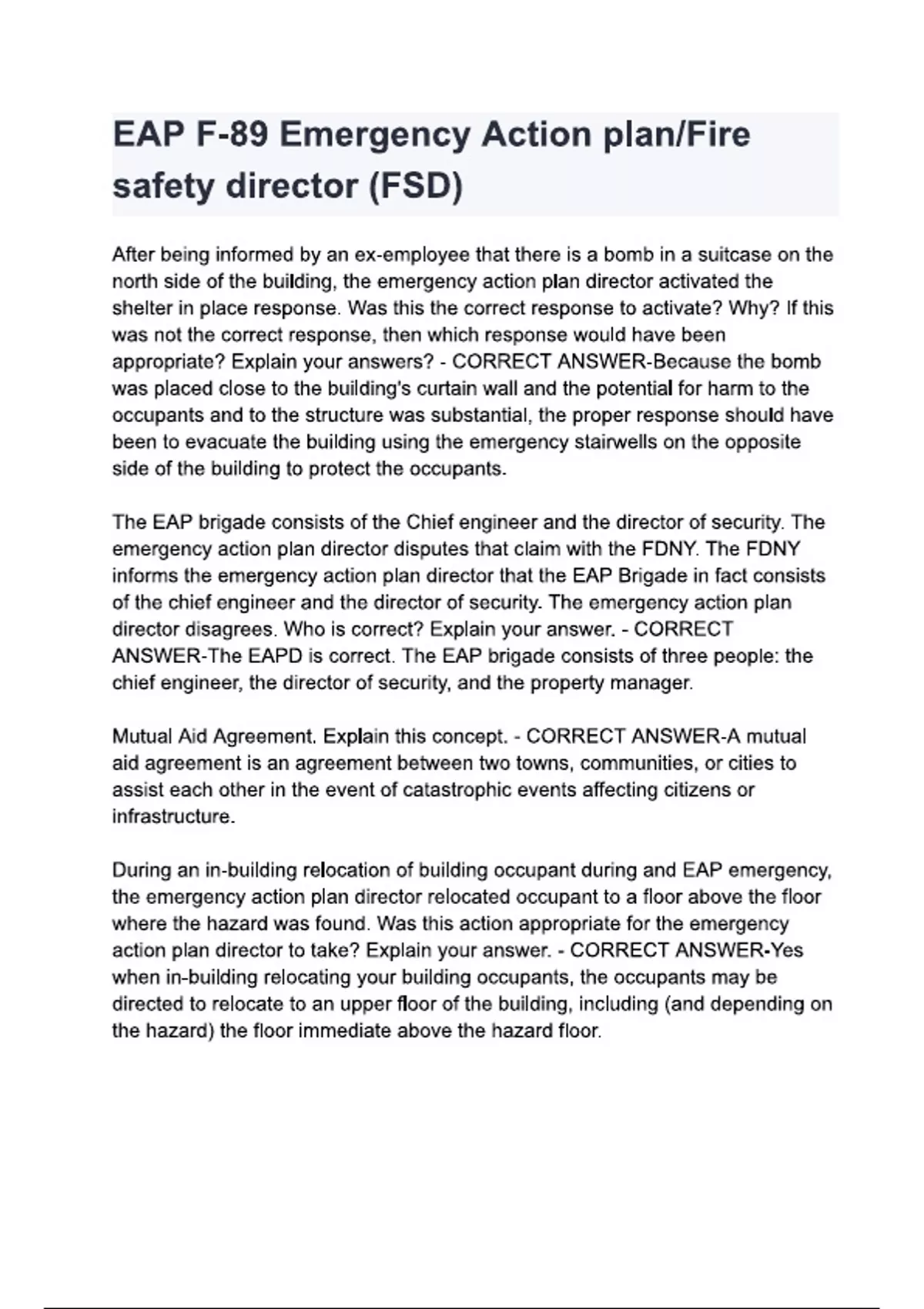 EAP F-89 Emergency Action plan Fire safety director (FSD) questions and answers - Eap - Stuvia US