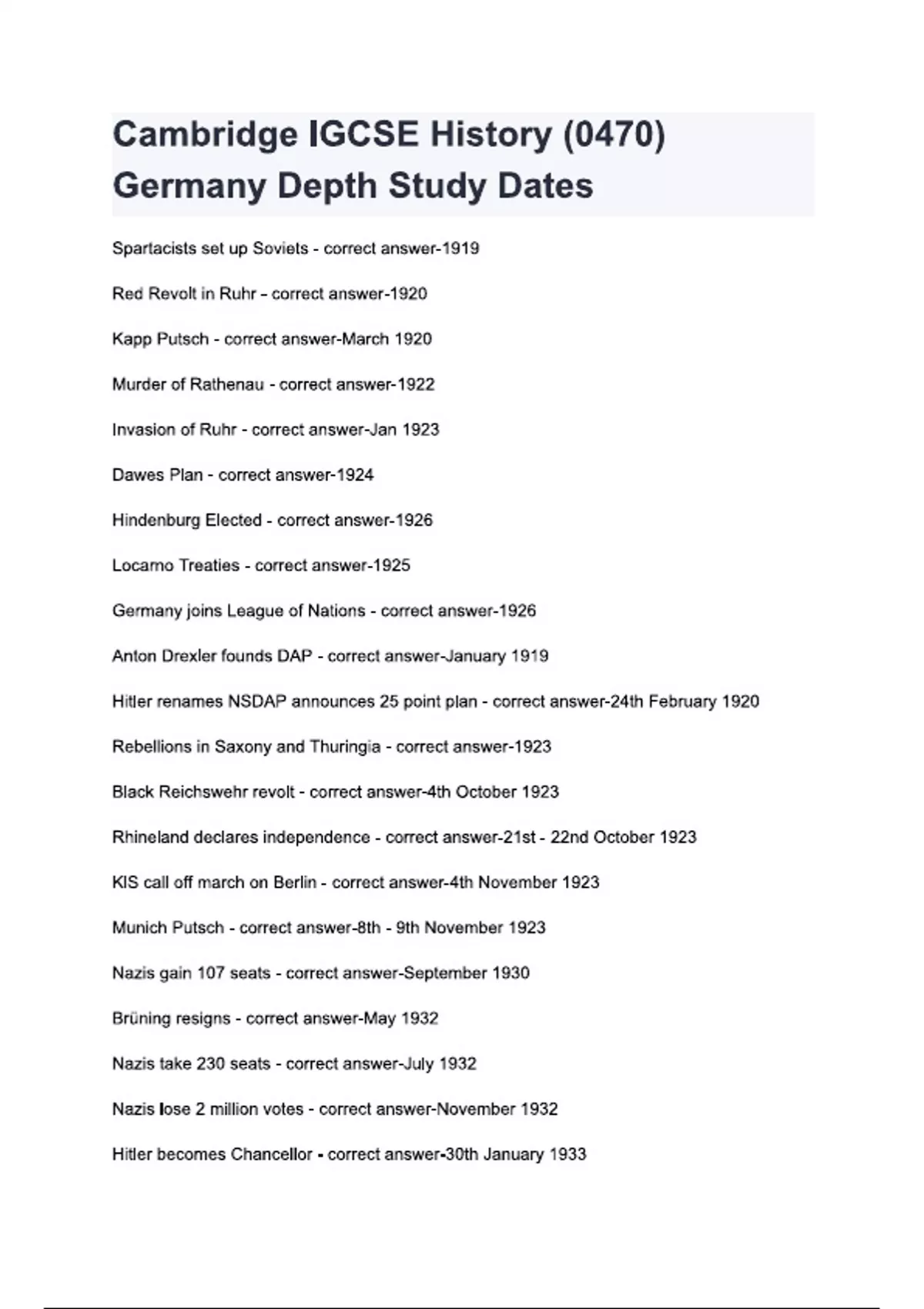 Cambridge IGCSE History (0470) Germany Depth Study Dates questions and ...