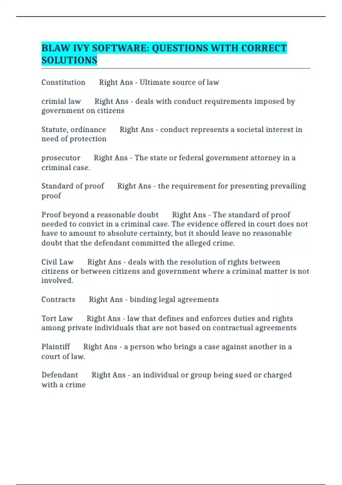 BLAW IVY SOFTWARE: QUESTIONS WITH CORRECT SOLUTIONS - IVY SOFTWARE ...