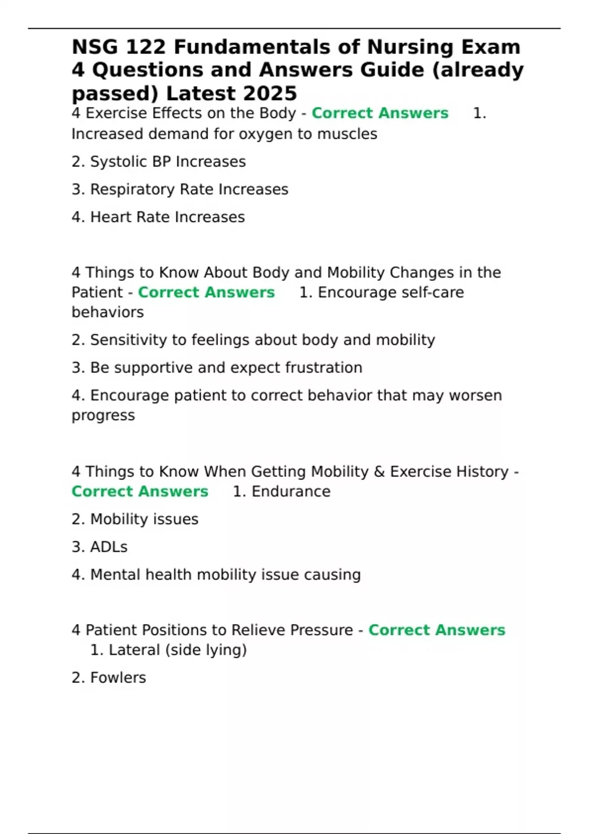 NSG 122 Fundamentals of Nursing Exam 4 Questions and Answers Guide ...