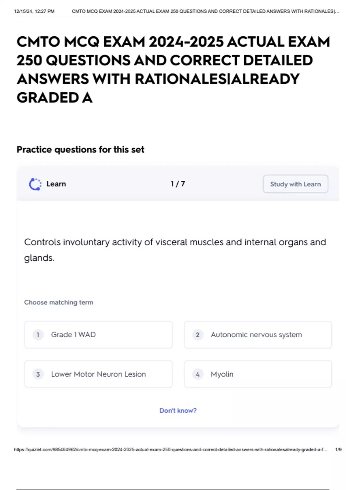 CMTO MCQ EXAM ACTUAL EXAM 250 QUESTIONS AND CORRECT DETAILED ANSWERS ...