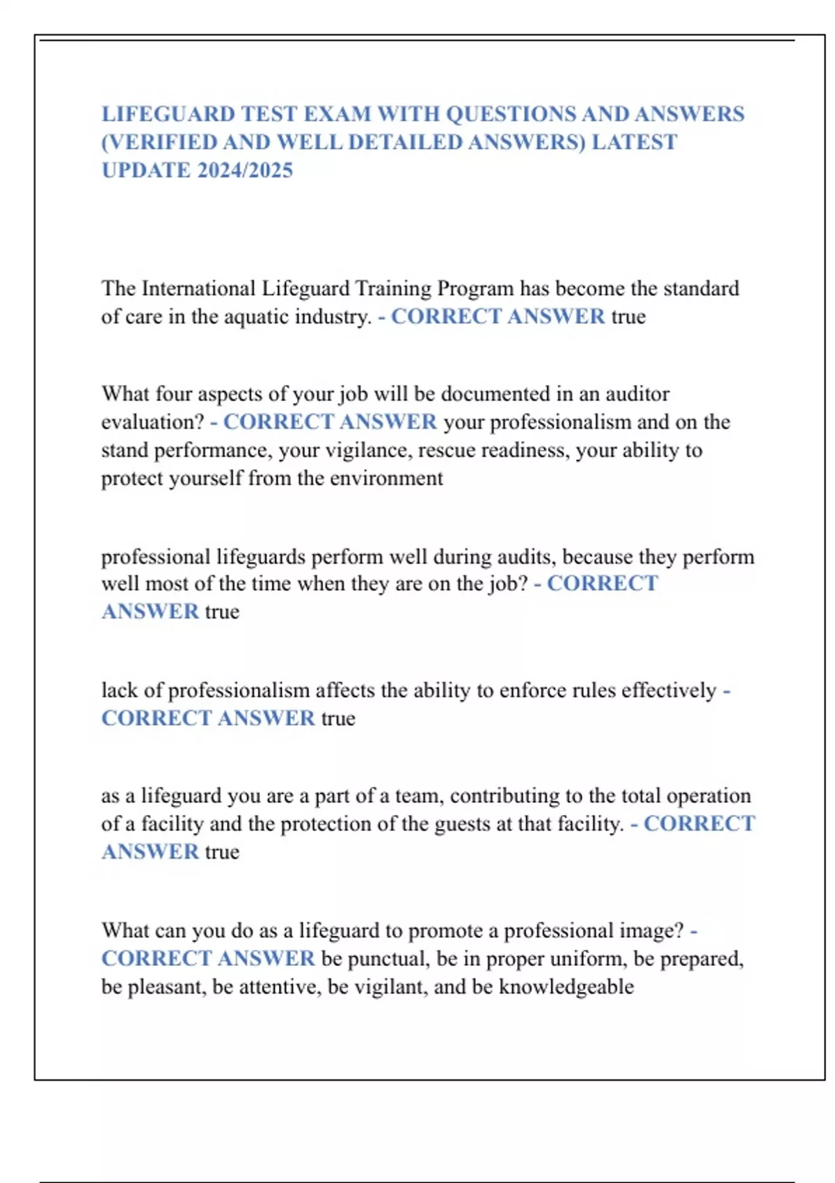 LIFEGUARD TEST EXAM WITH QUESTIONS AND ANSWERS (VERIFIED AND WELL ...