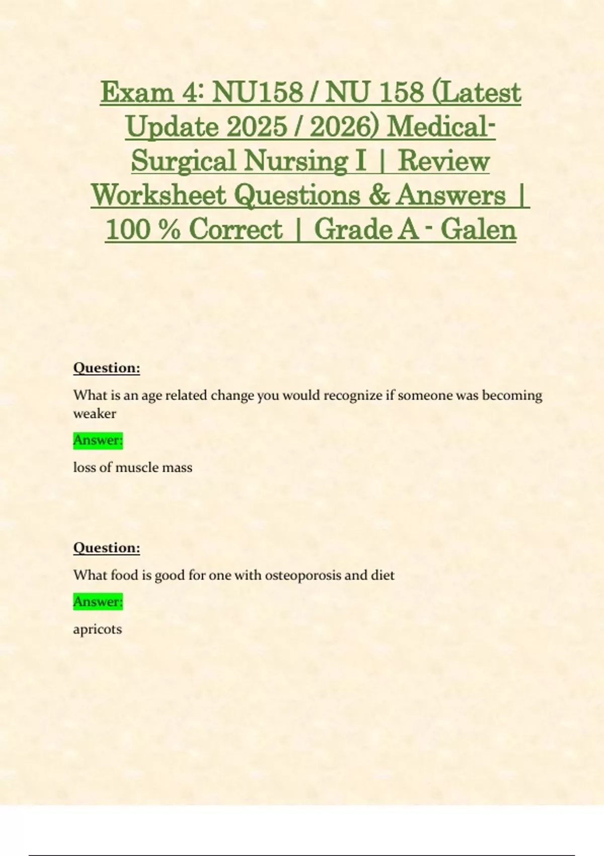 Exam 4: NU158 / NU 158 (Latest Update 2025 / 2026) Medical-Surgical ...
