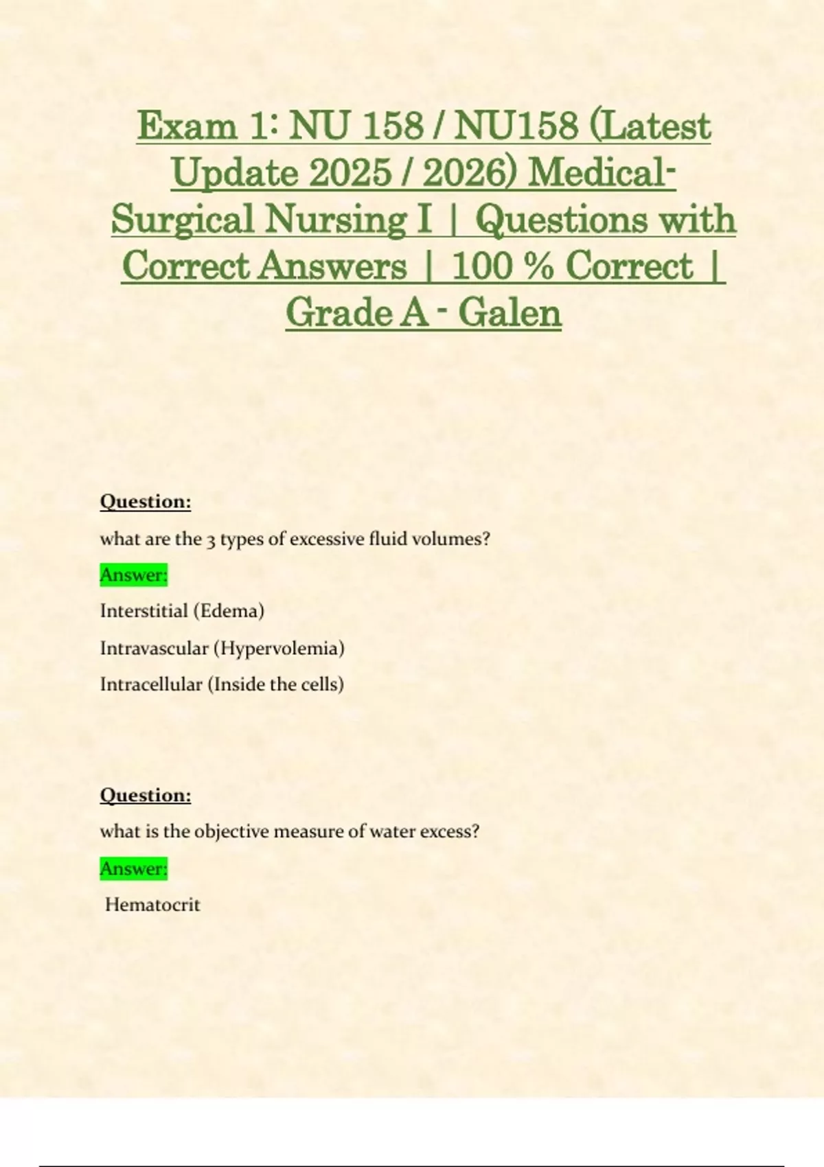 Exam 1: NU 158 / NU158 (Latest Update 2025 / 2026) Medical-Surgical ...