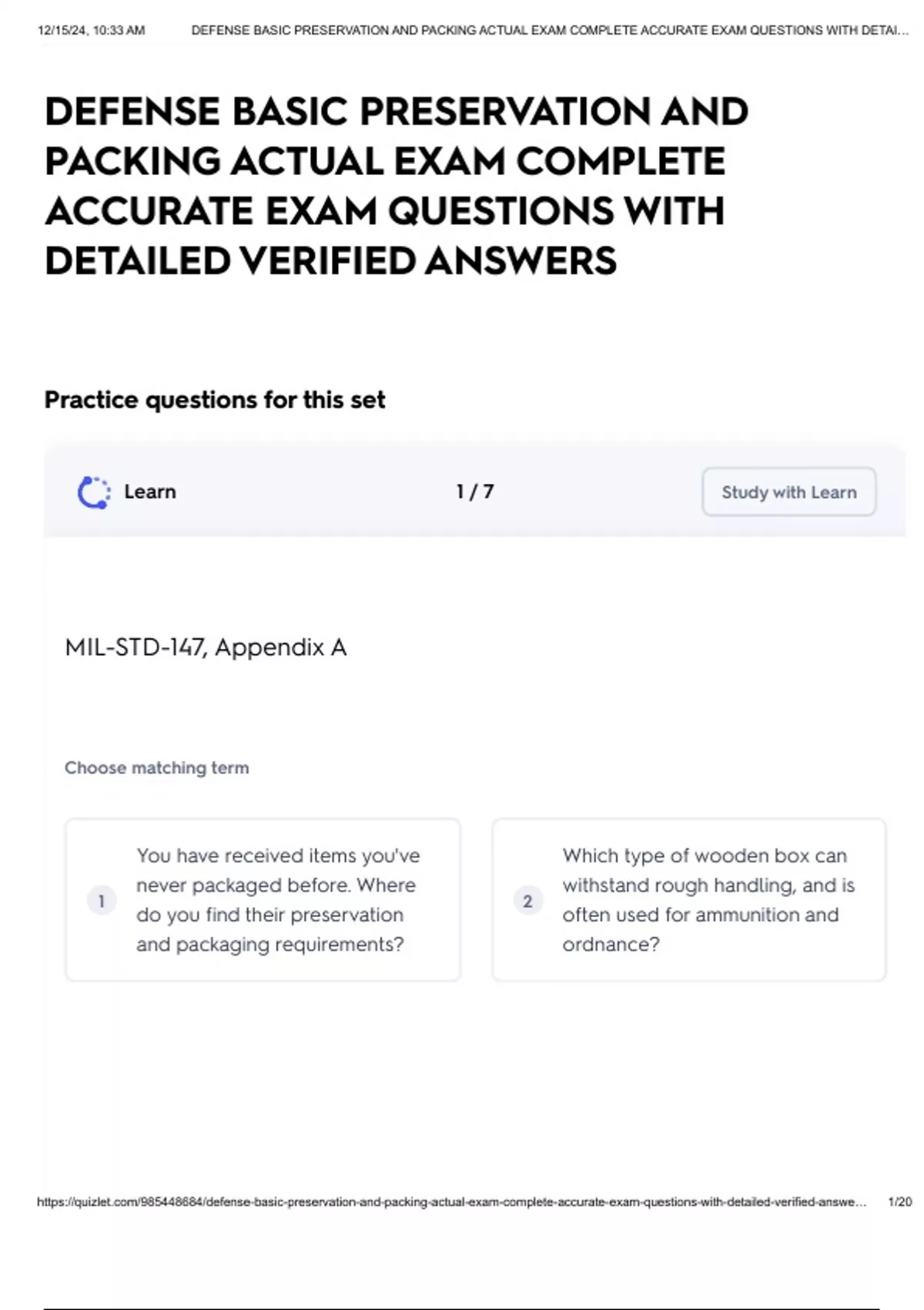 DEFENSE BASIC PRESERVATION AND PACKING ACTUAL EXAM COMPLETE ACCURATE ...