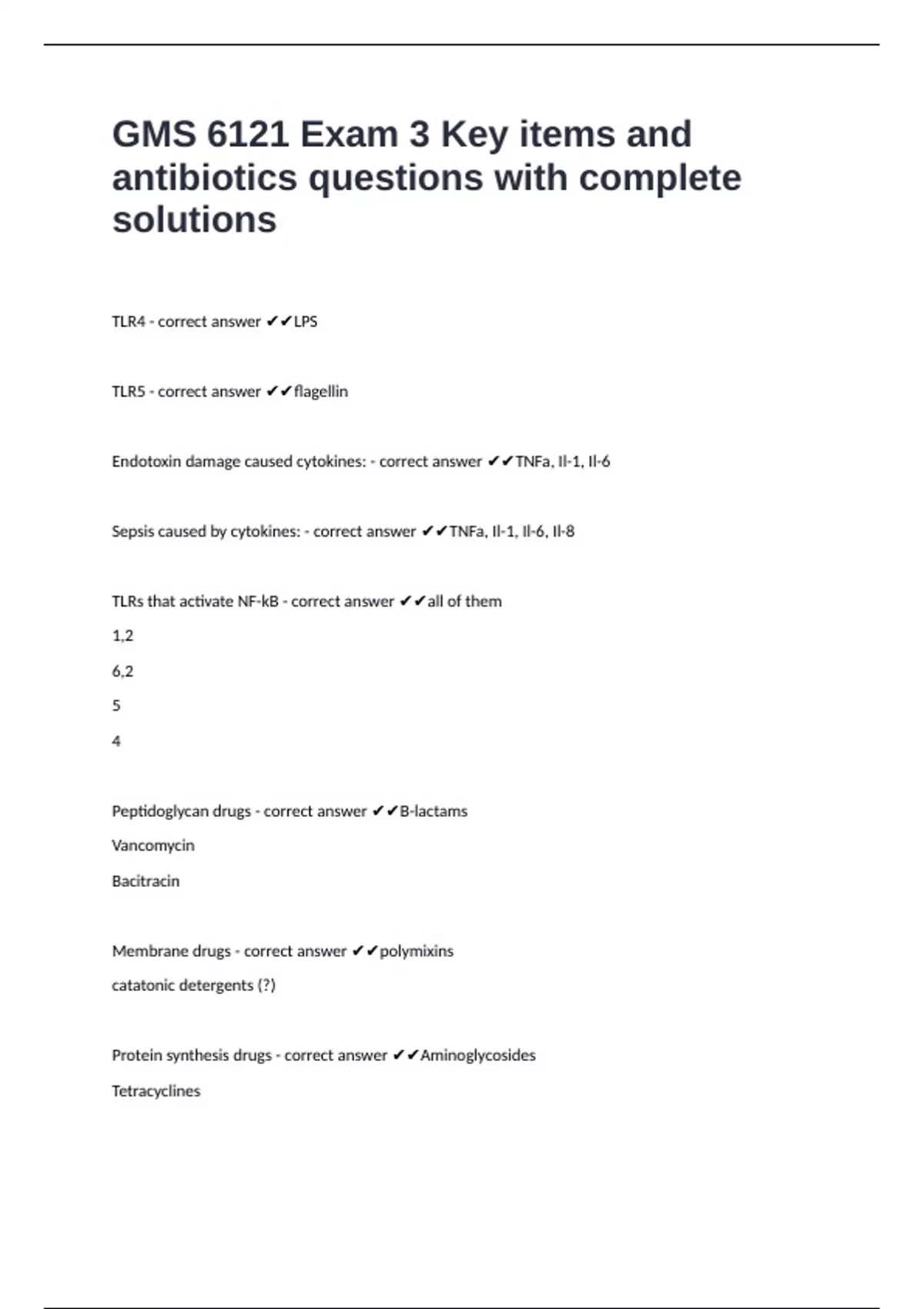GMS 6121 Exam 3 Key items and antibiotics questions with complete ...