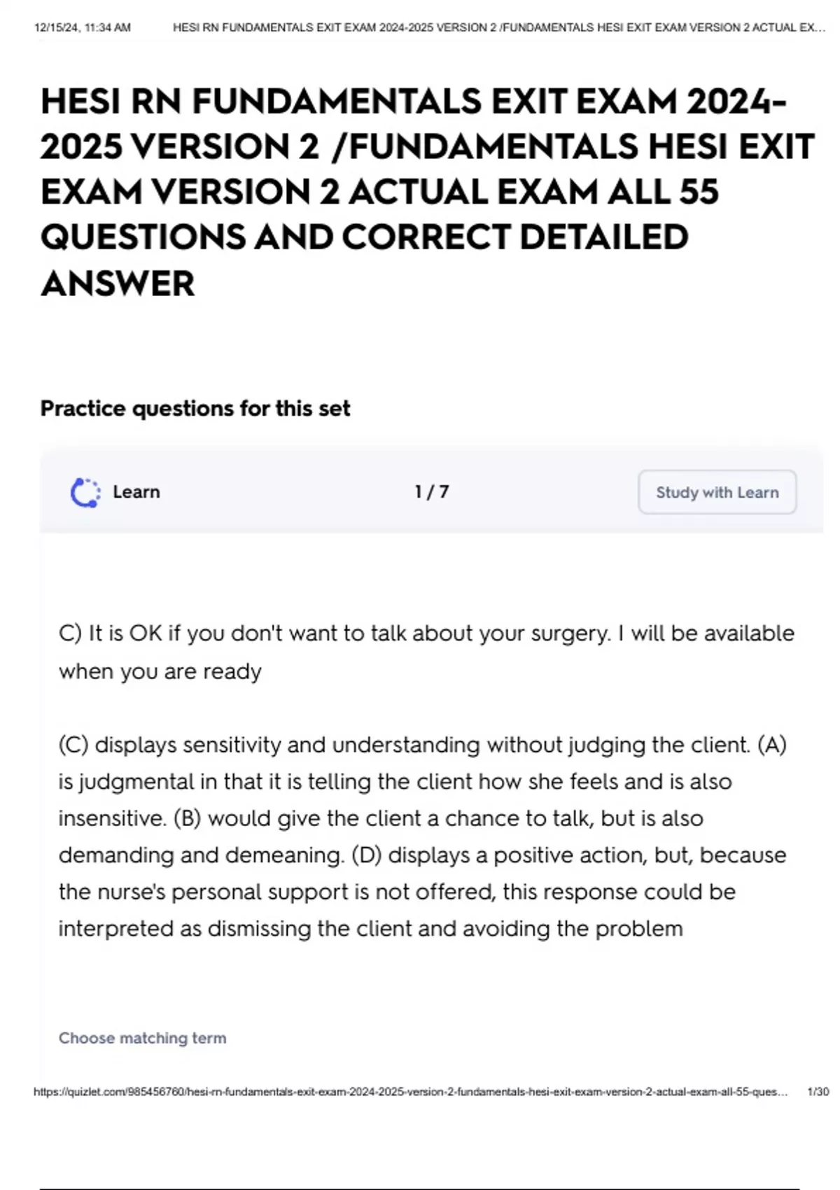 HESI RN FUNDAMENTALS EXIT EXAM VERSION 2 /FUNDAMENTALS HESI EXIT EXAM ...