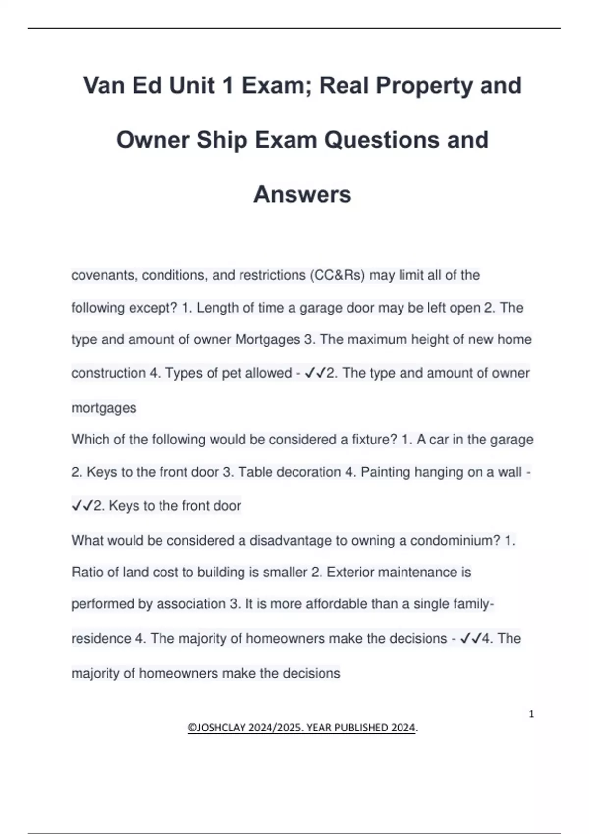 Van Ed Unit 1 Exam; Real Property and Owner Ship Exam Questions and ...
