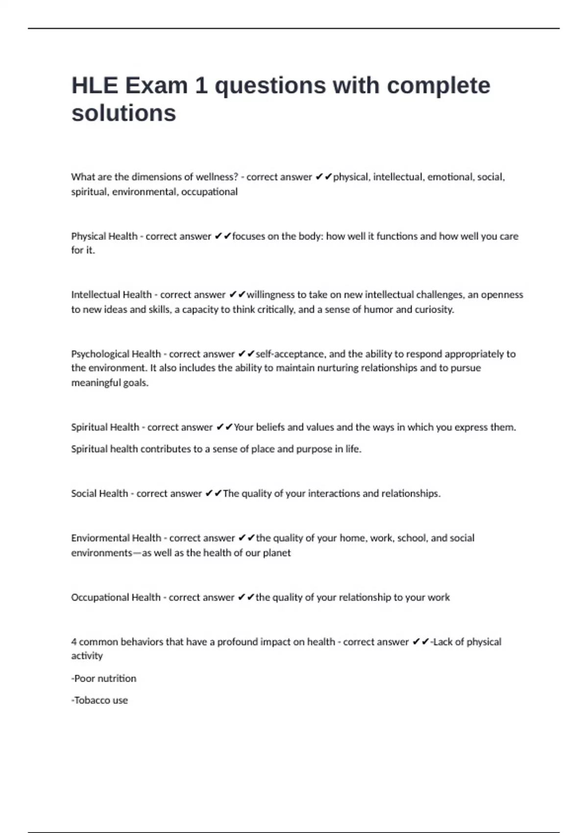 HLE Exam 1 questions with complete solutions - HLE - Stuvia US