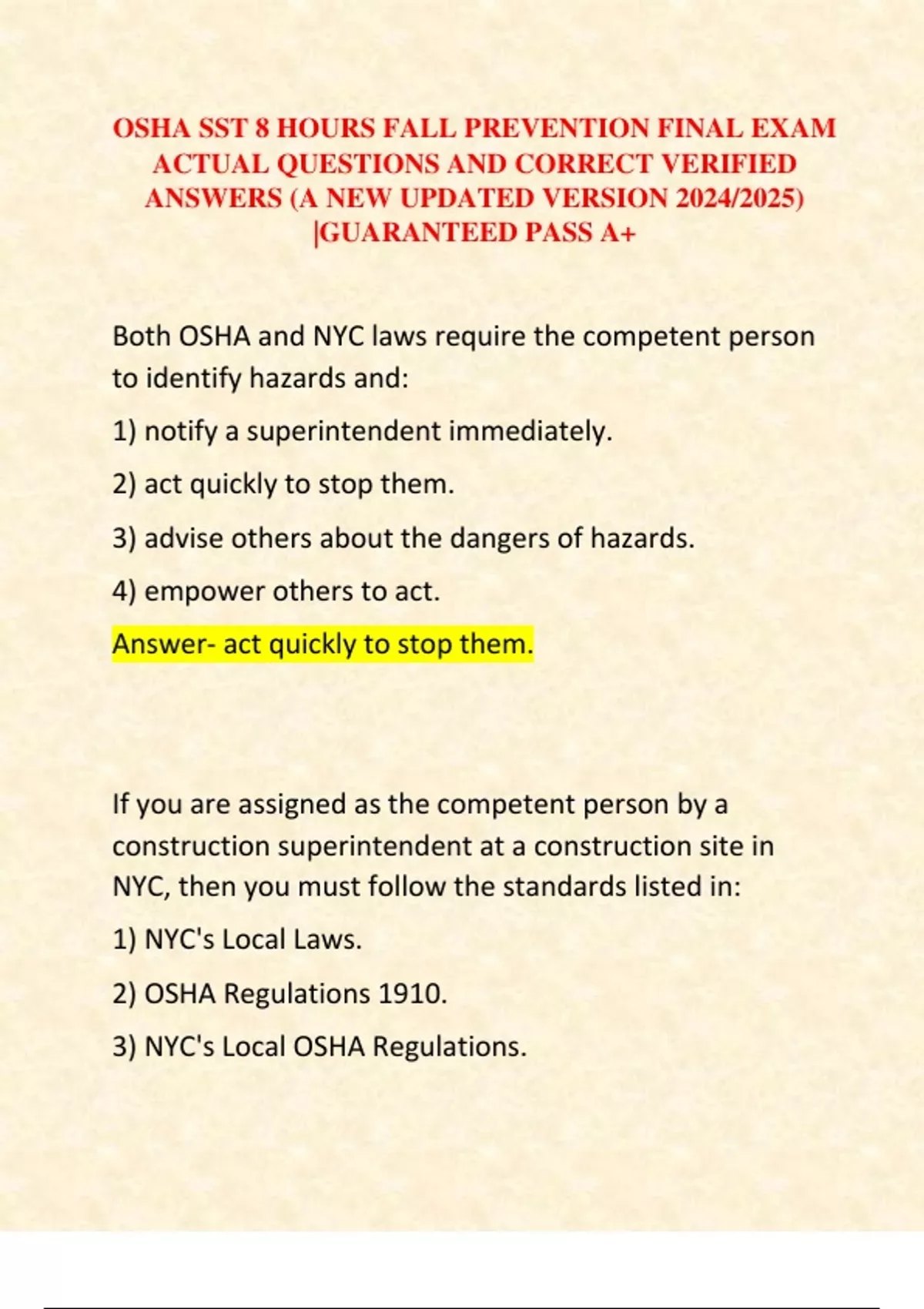 OSHA SST 8 HOURS FALL PREVENTION FINAL EXAM ACTUAL QUESTIONS AND ...