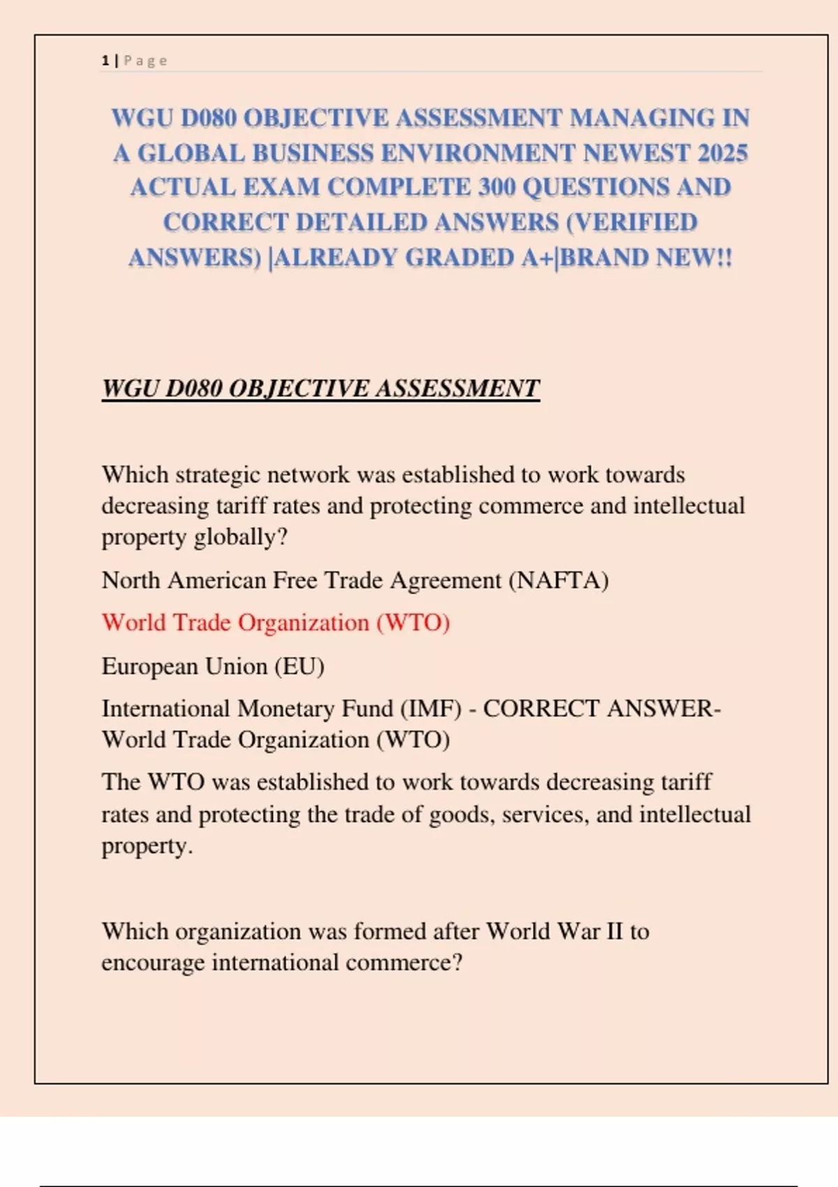 WGU D080 OBJECTIVE ASSESSMENT MANAGING IN A GLOBAL BUSINESS ENVIRONMENT ...