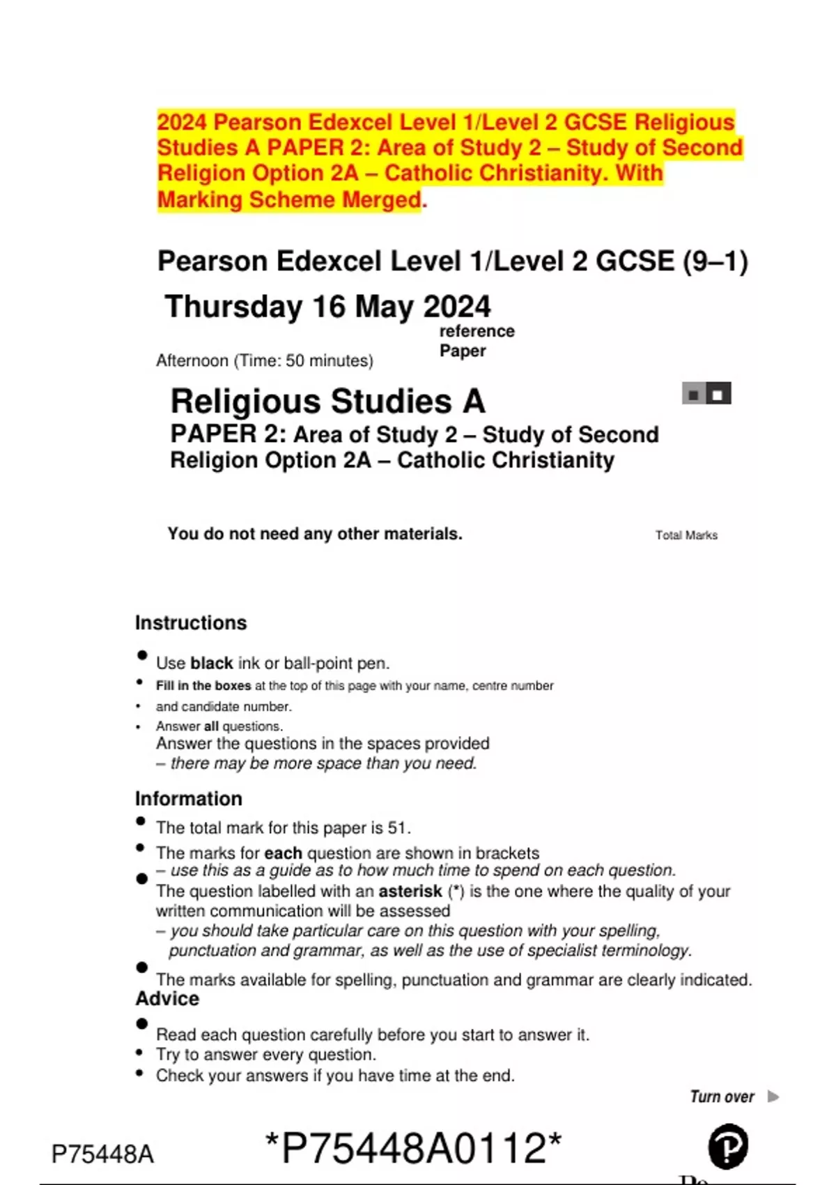 2024 Pearson Edexcel Level 1/Level 2 GCSE Religious Studies A PAPER 2 ...