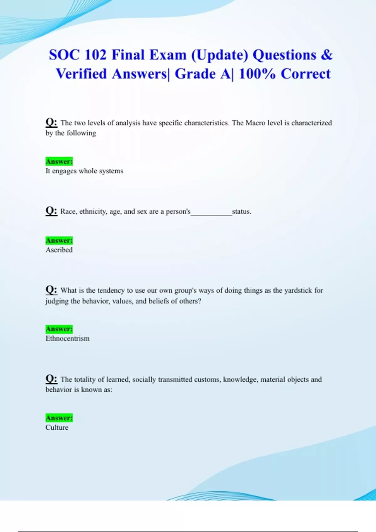 SOC 102 Final Exam (2024/ 2025 Update) Questions & Verified Answers ...