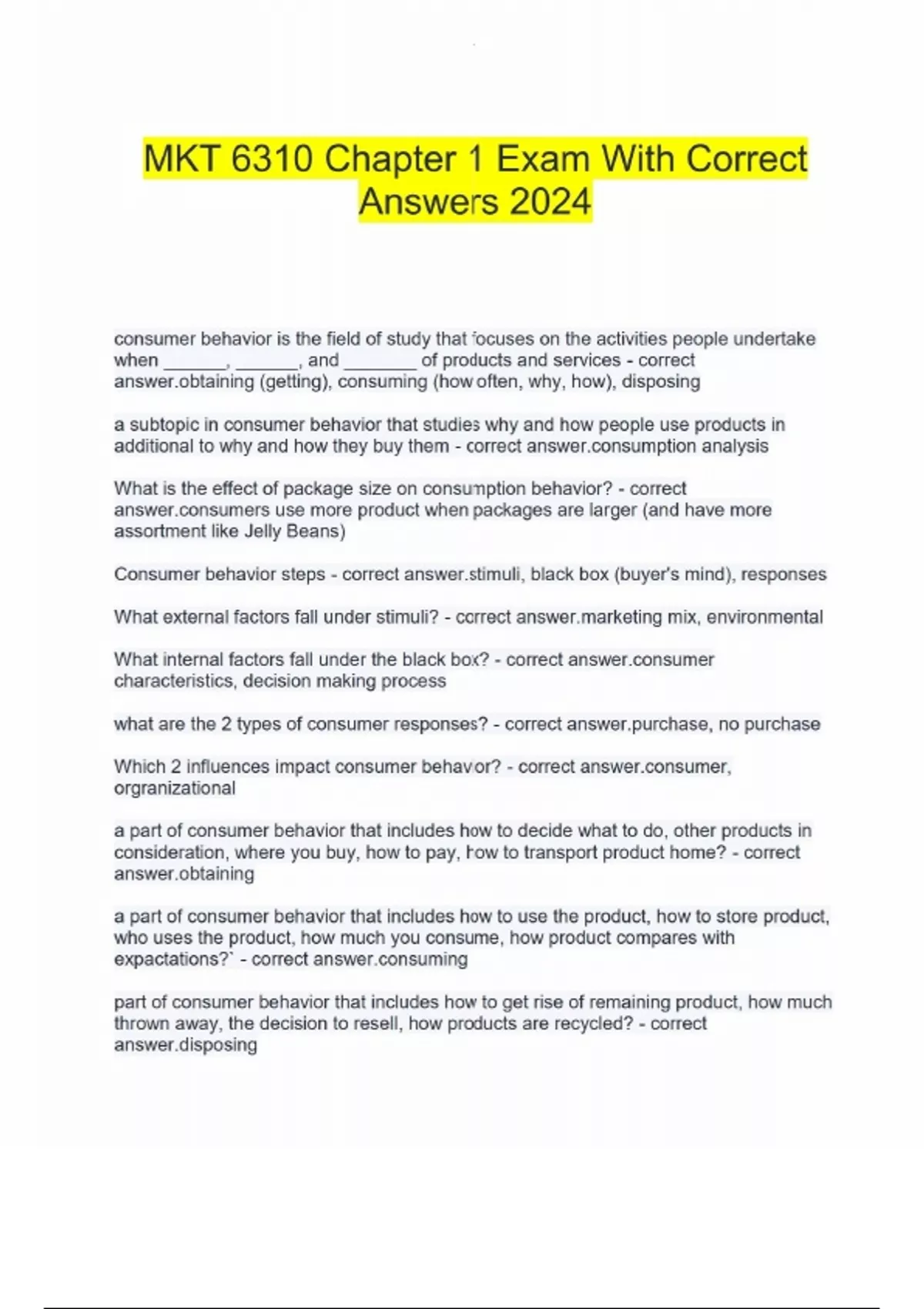 MKT 6310 Chapter 1 Exam With Correct Answers 2024 - MKT 6310 - Stuvia US