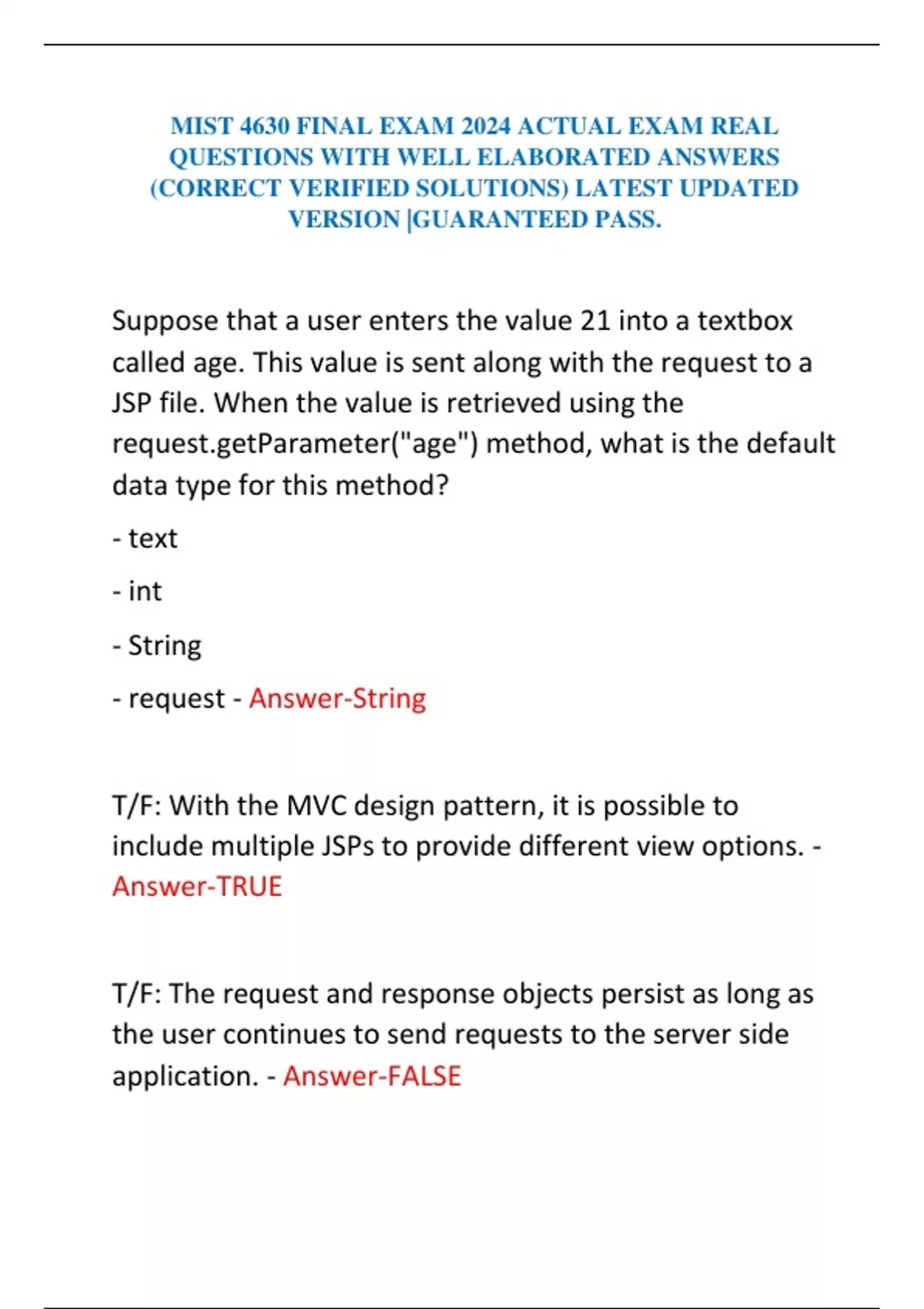 MIST 4630 FINAL EXAM 2024 ACTUAL EXAM REAL QUESTIONS WITH WELL ...