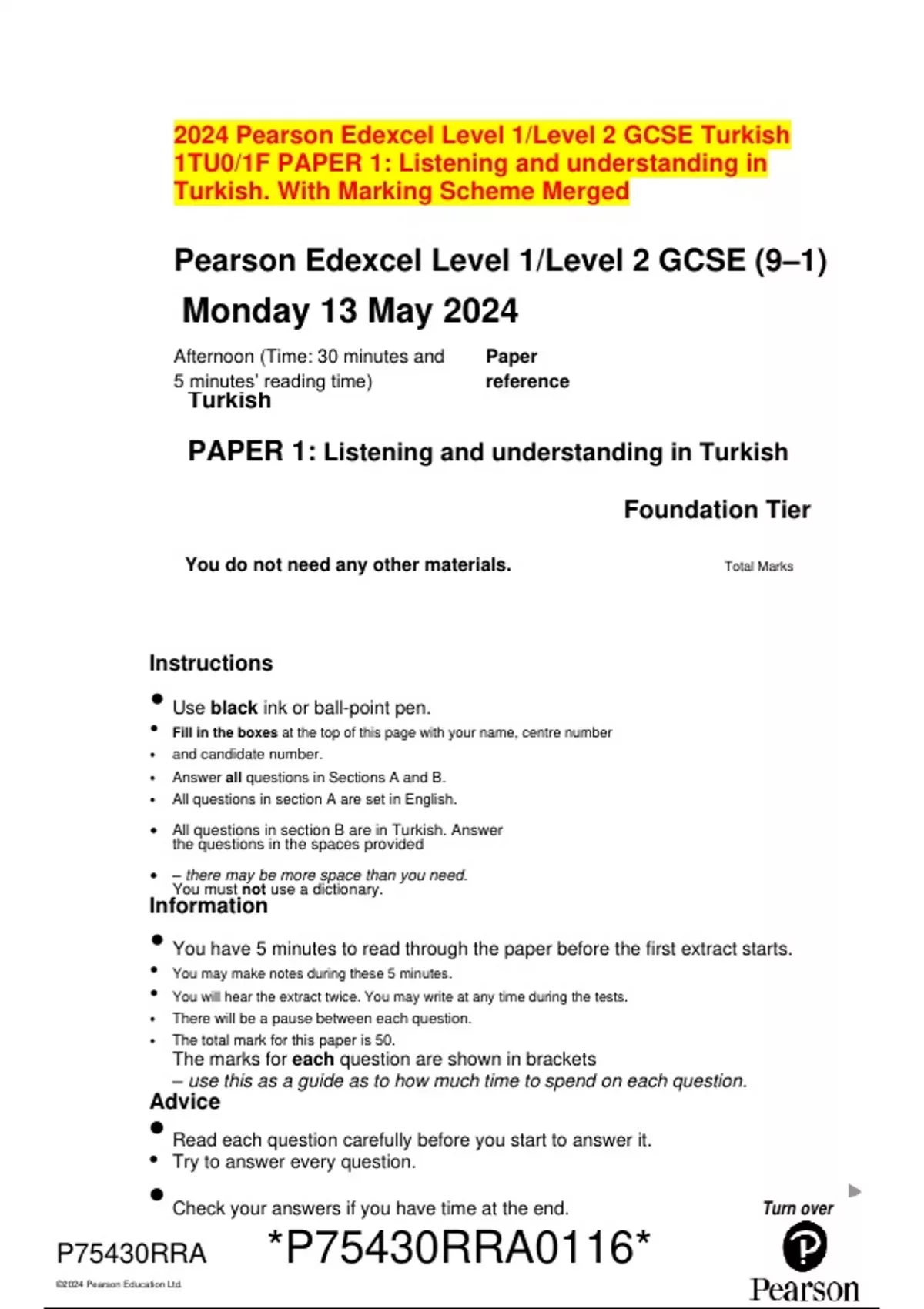 2024 Pearson Edexcel Level 1/Level 2 GCSE Turkish 1TU0/1F PAPER 1 ...