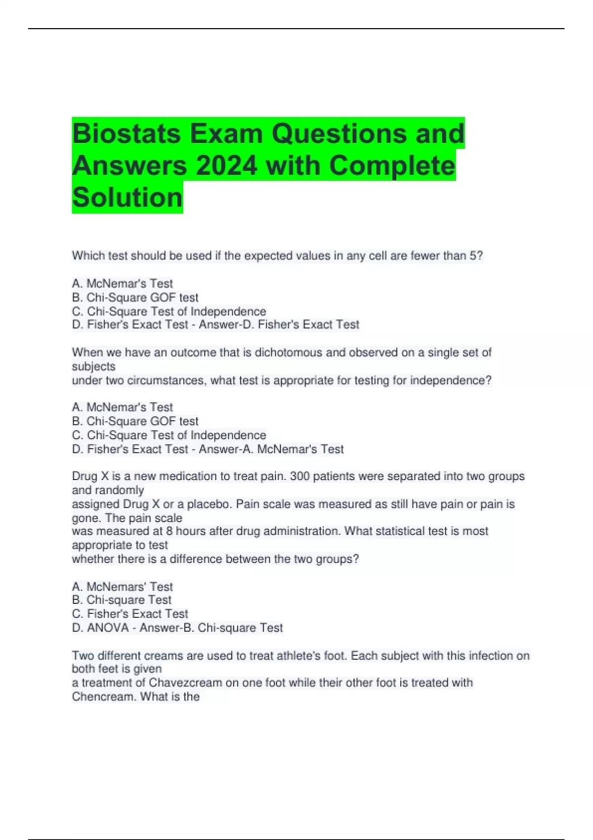 Biostats Exam Questions and Answers 2024 with Complete Solution - Biostats - Stuvia US