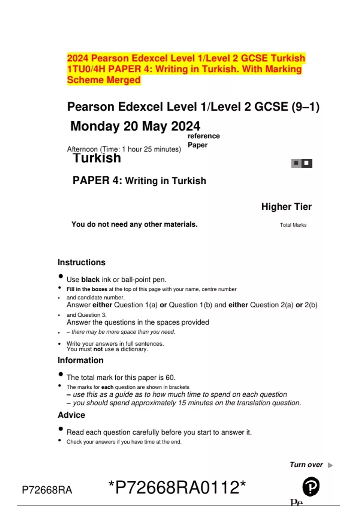 2024 Pearson Edexcel Level 1/Level 2 GCSE Turkish 1TU0/4H PAPER 4 ...