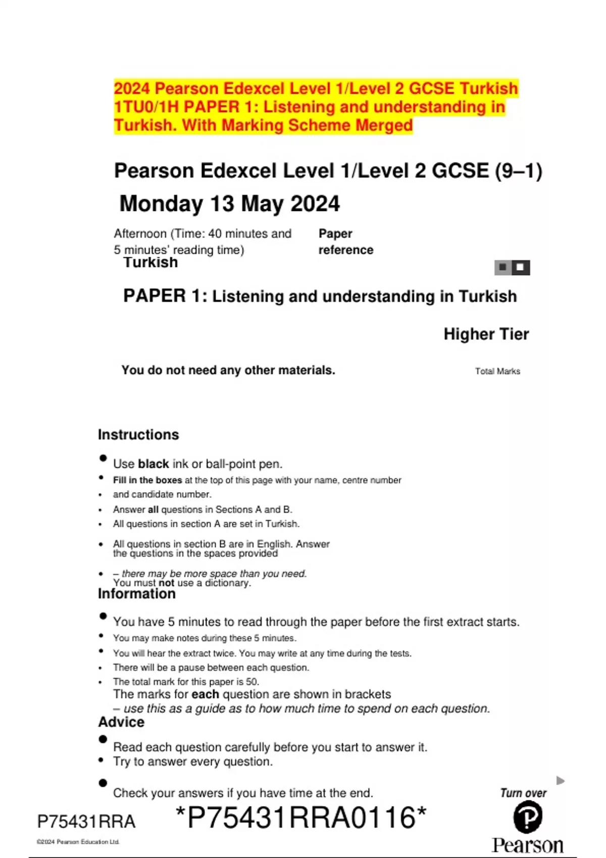 2024 Pearson Edexcel Level 1/Level 2 GCSE Turkish 1TU0/1H PAPER 1 ...