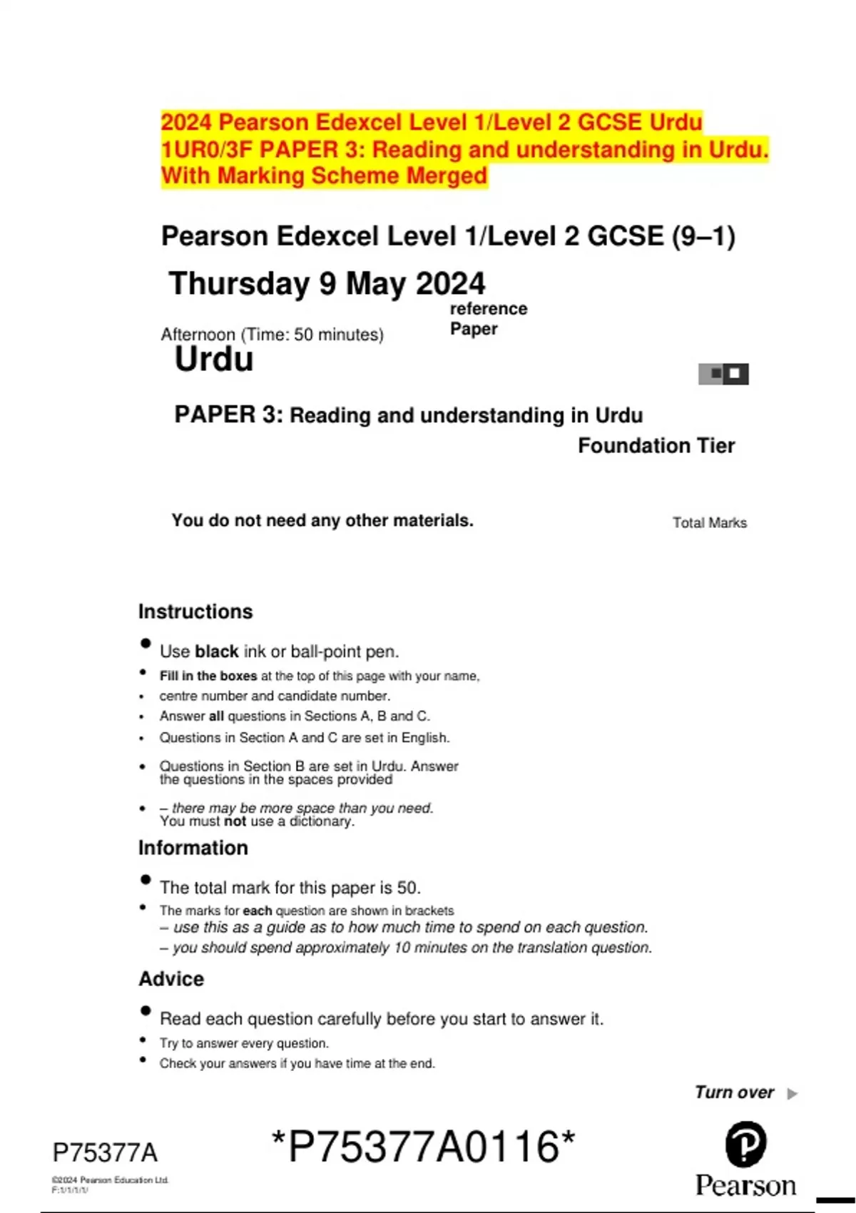 2024 Pearson Edexcel Level 1/Level 2 GCSE Urdu 1UR0/3F PAPER 3: Reading ...