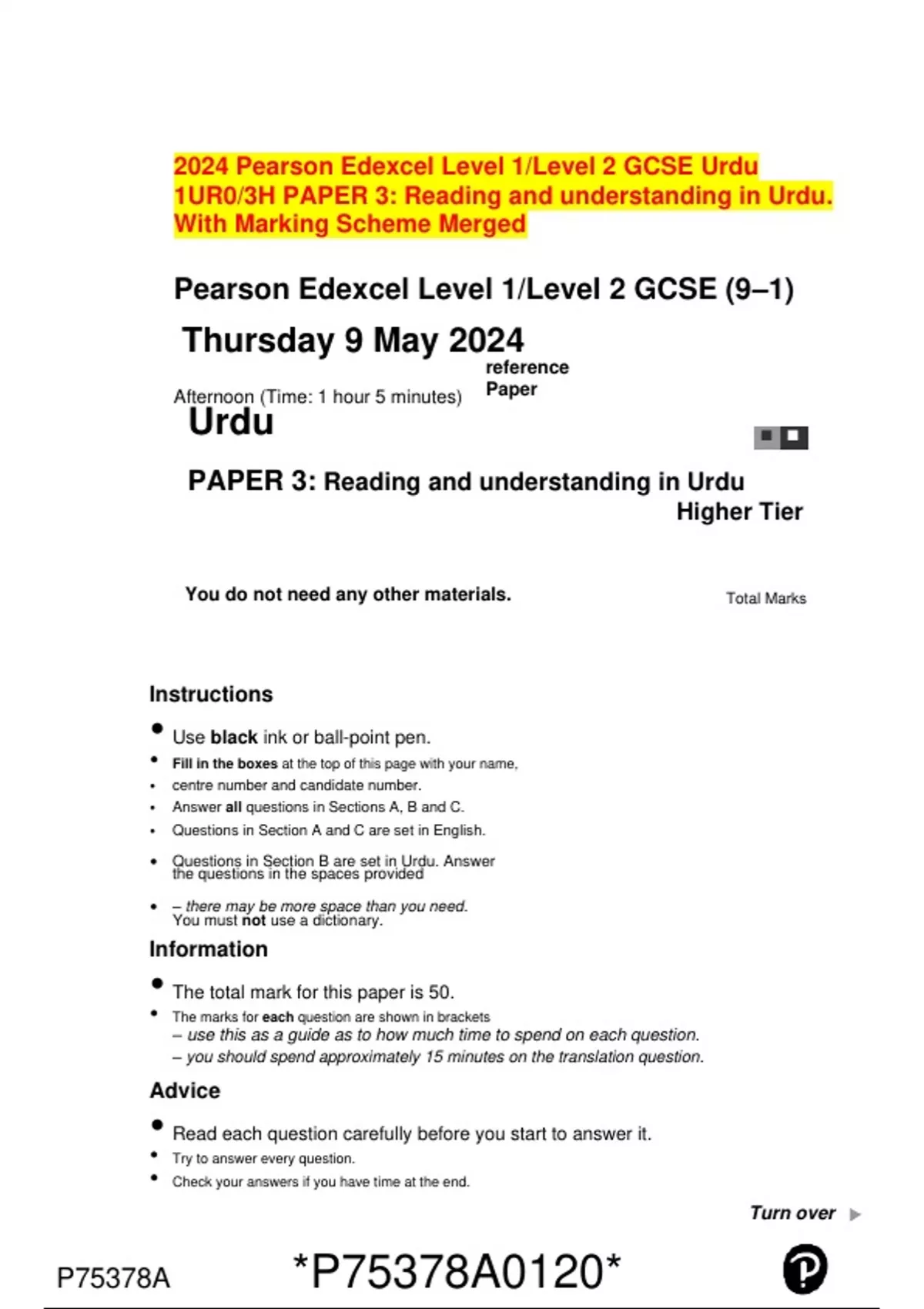 2024 Pearson Edexcel Level 1/Level 2 GCSE Urdu 1UR0/3H PAPER 3: Reading ...