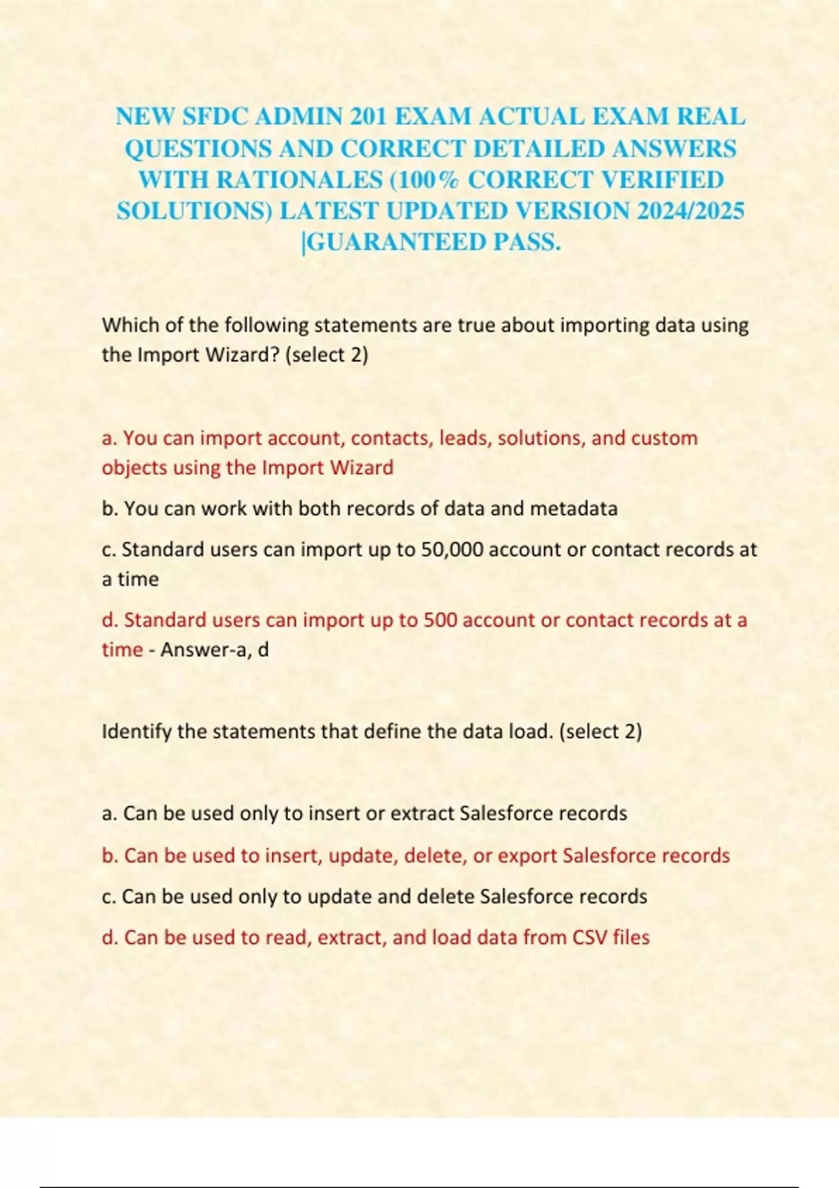 NEW SFDC ADMIN 201 EXAM ACTUAL EXAM REAL QUESTIONS AND CORRECT DETAILED ANSWERS WITH RATIONALES ...