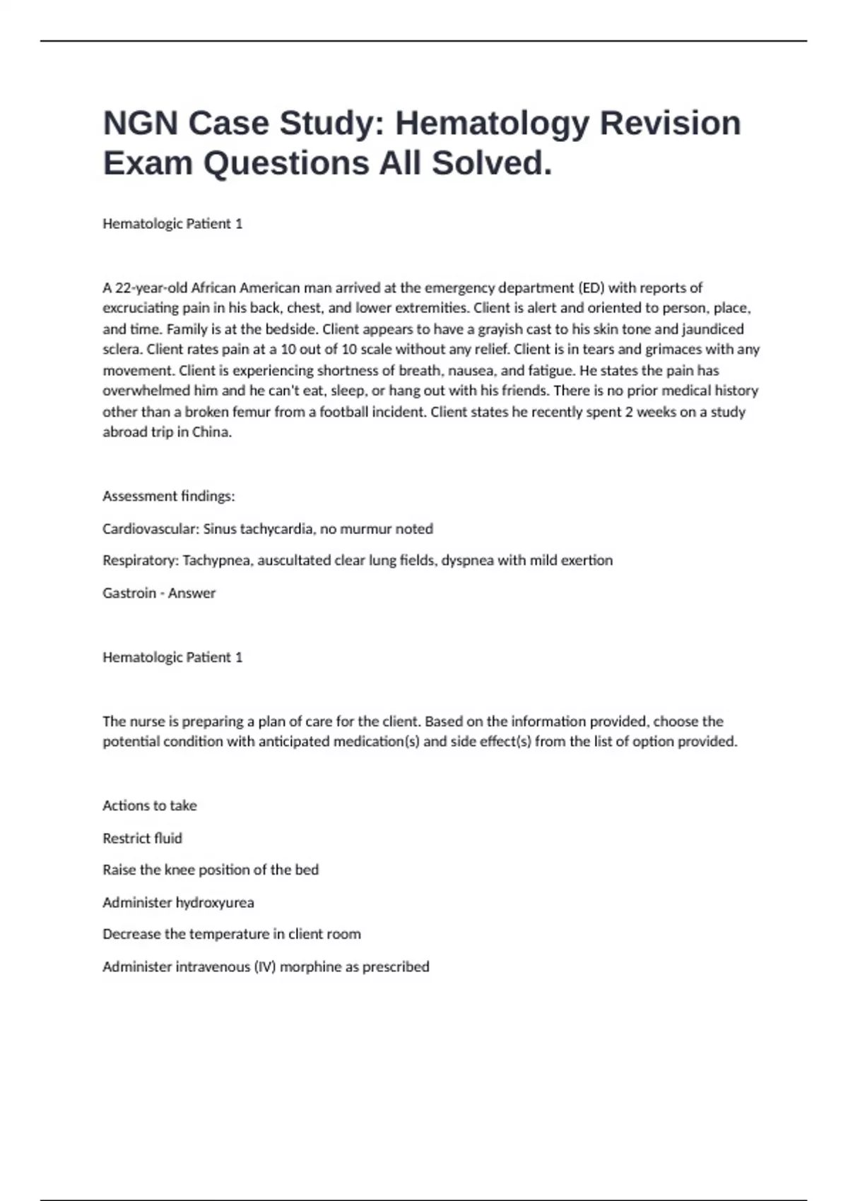 NGN Case Study: Hematology Revision Exam Questions All Solved. - NGN ...