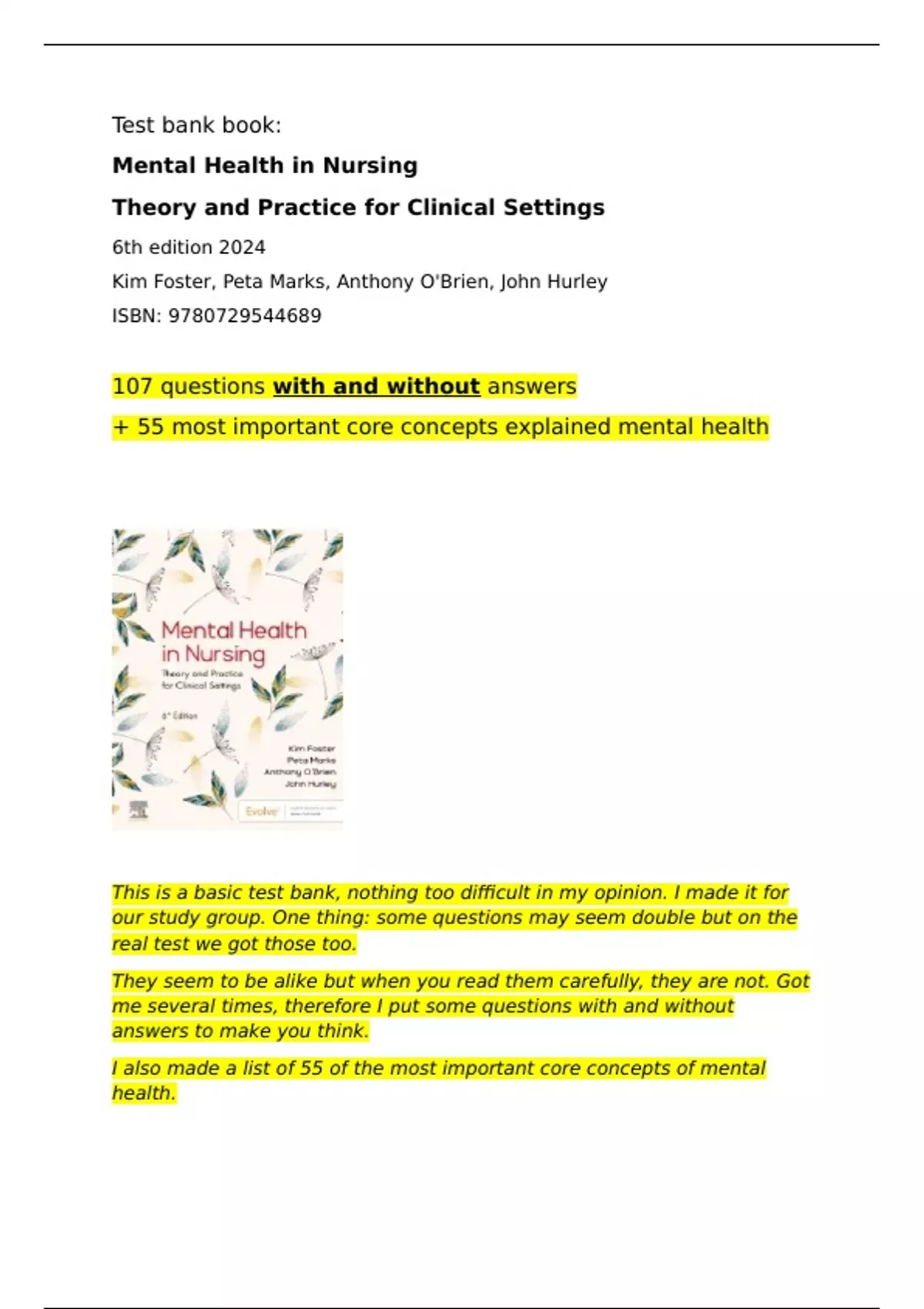 Test bank Mental Health in Nursing 6th edition 2024 - Kim Foster ...