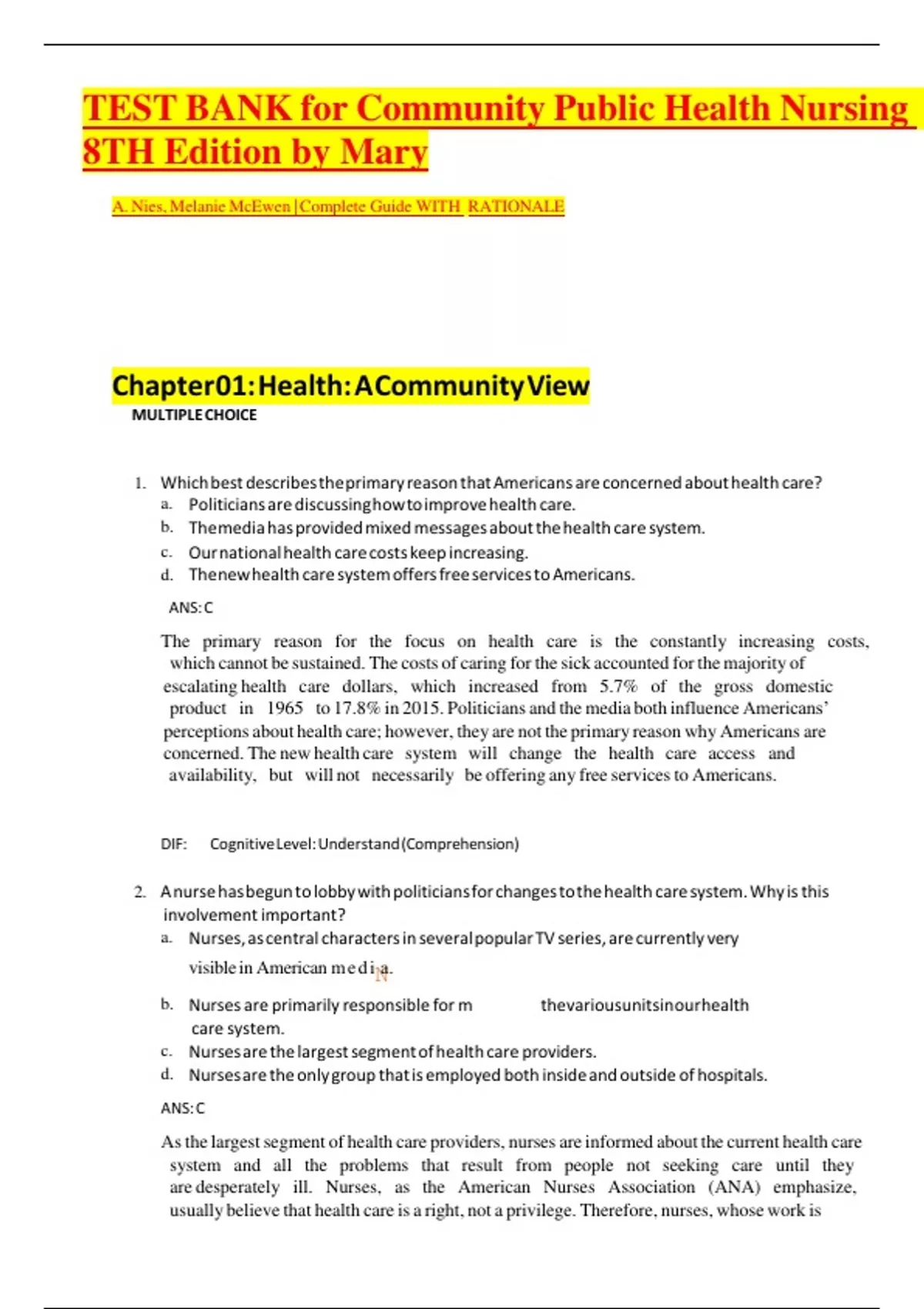 TEST BANK for Community Public Health Nursing 8TH Edition by Mary A ...