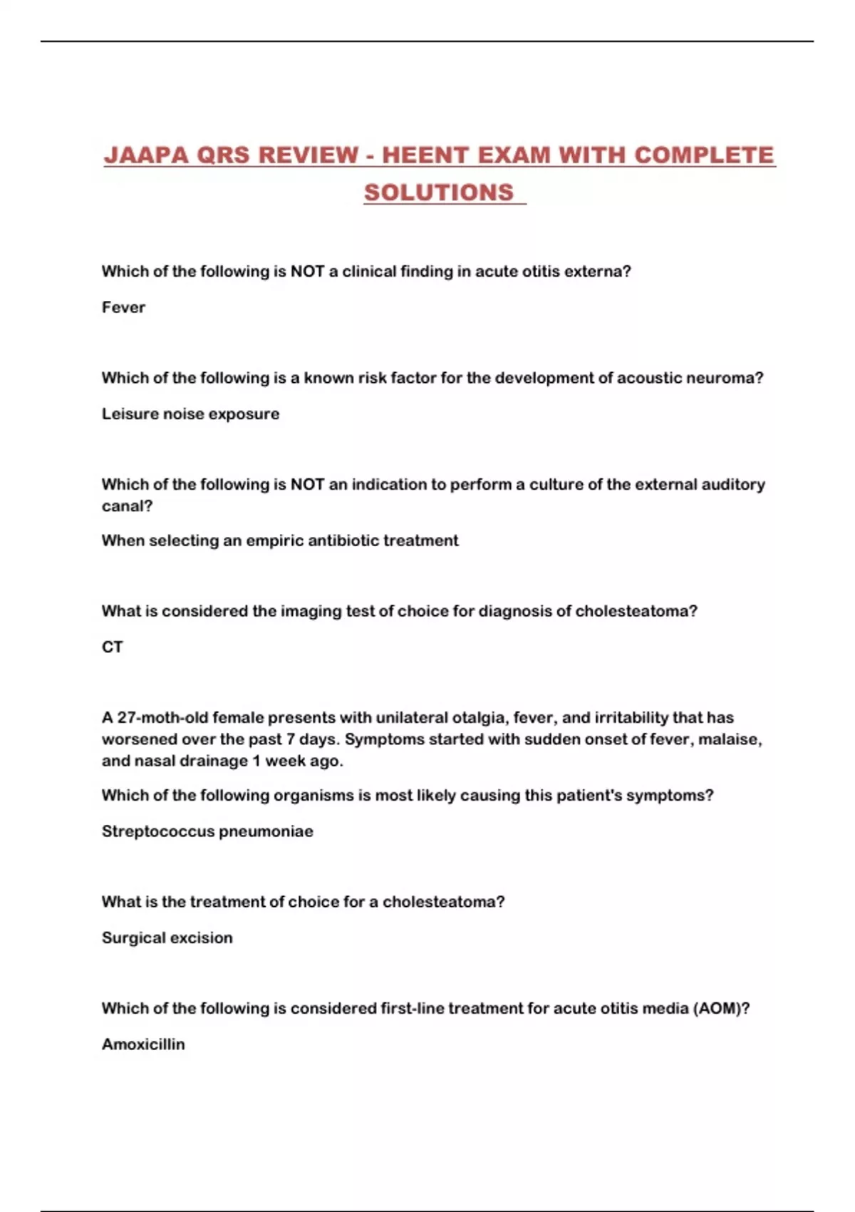 JAAPA QRS REVIEW - HEENT EXAM WITH COMPLETE SOLUTIONS - JAAPA QRS HEENT ...