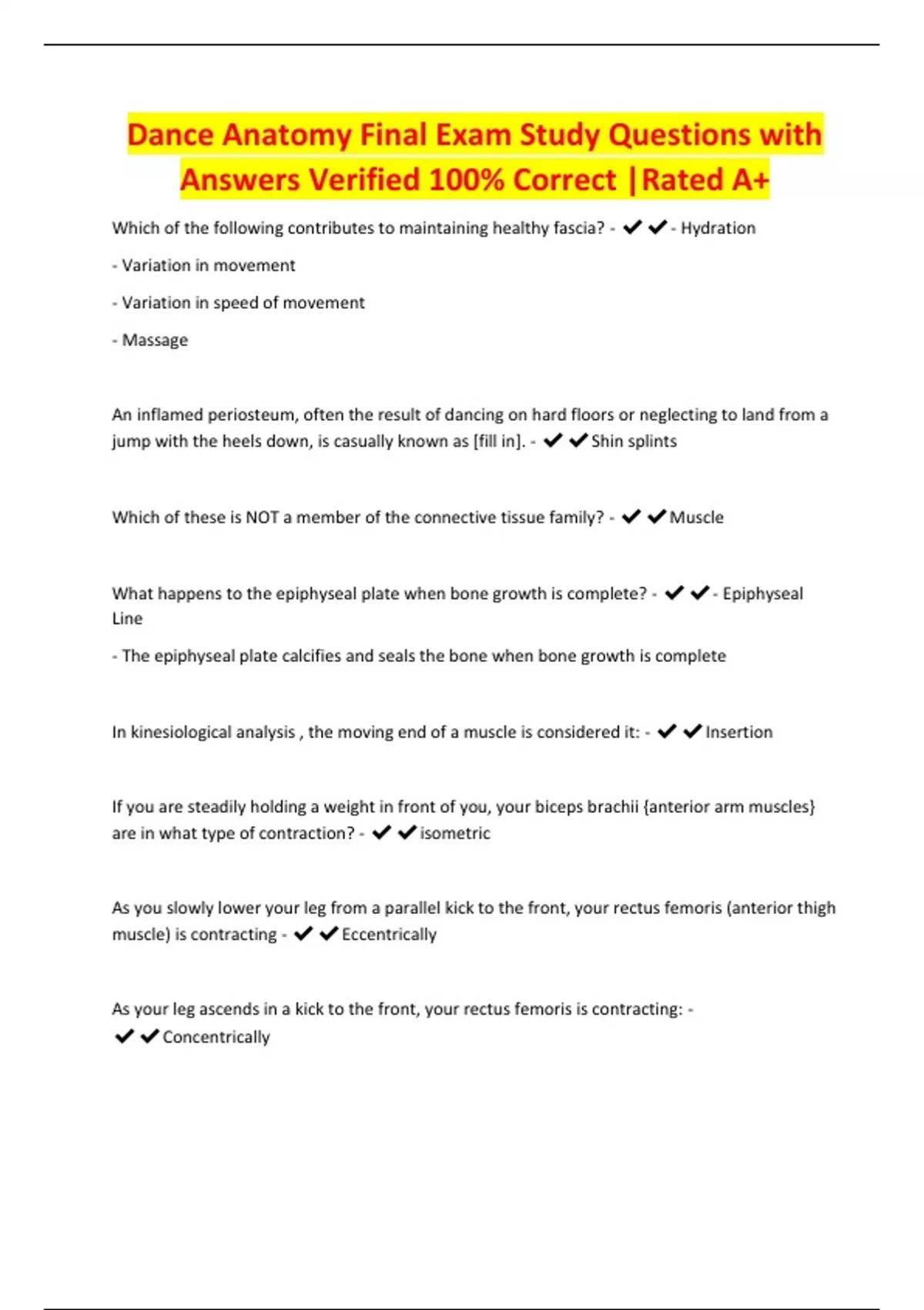 Dance Anatomy Final Exam Study Questions with Answers Verified 100% ...