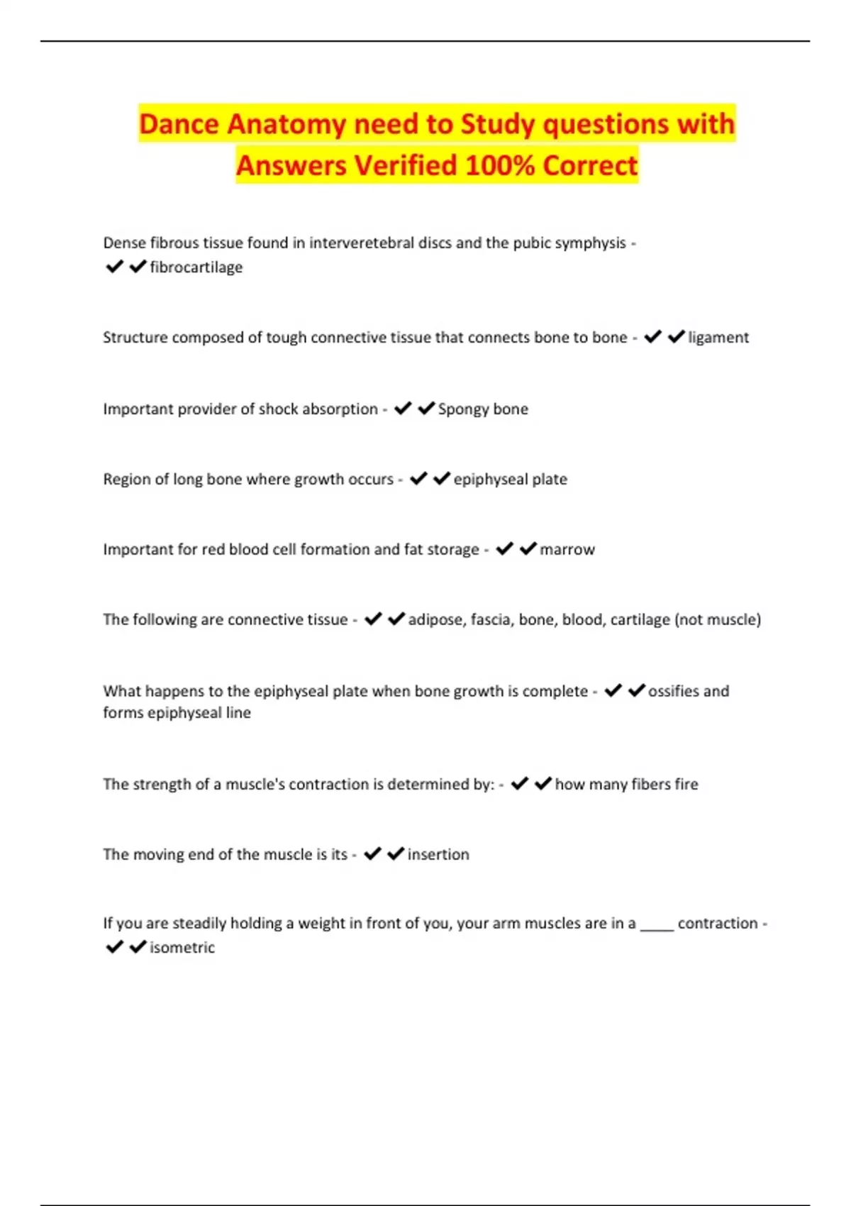 Dance Anatomy need to Study questions with Answers Verified 100% ...