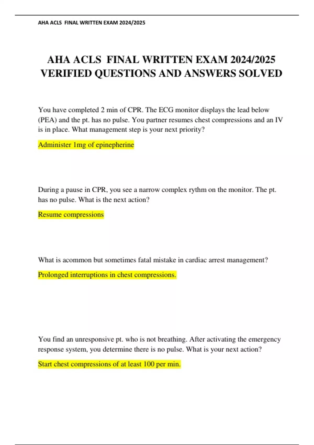 AHA ACLS FINAL WRITTEN EXAM 2024/2025 VERIFIED QUESTIONS AND ANSWERS ...