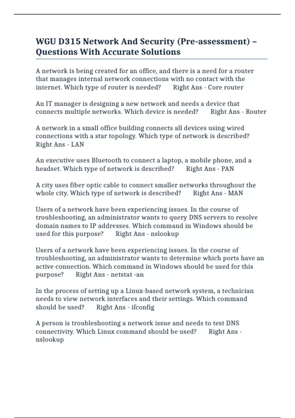 WGU D315 Network And Security (Pre-assessment) – Questions With ...