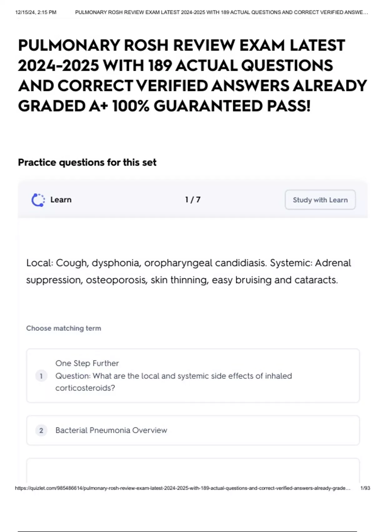 PULMONARY ROSH REVIEW EXAM LATEST WITH 189 ACTUAL QUESTIONS AND CORRECT ...