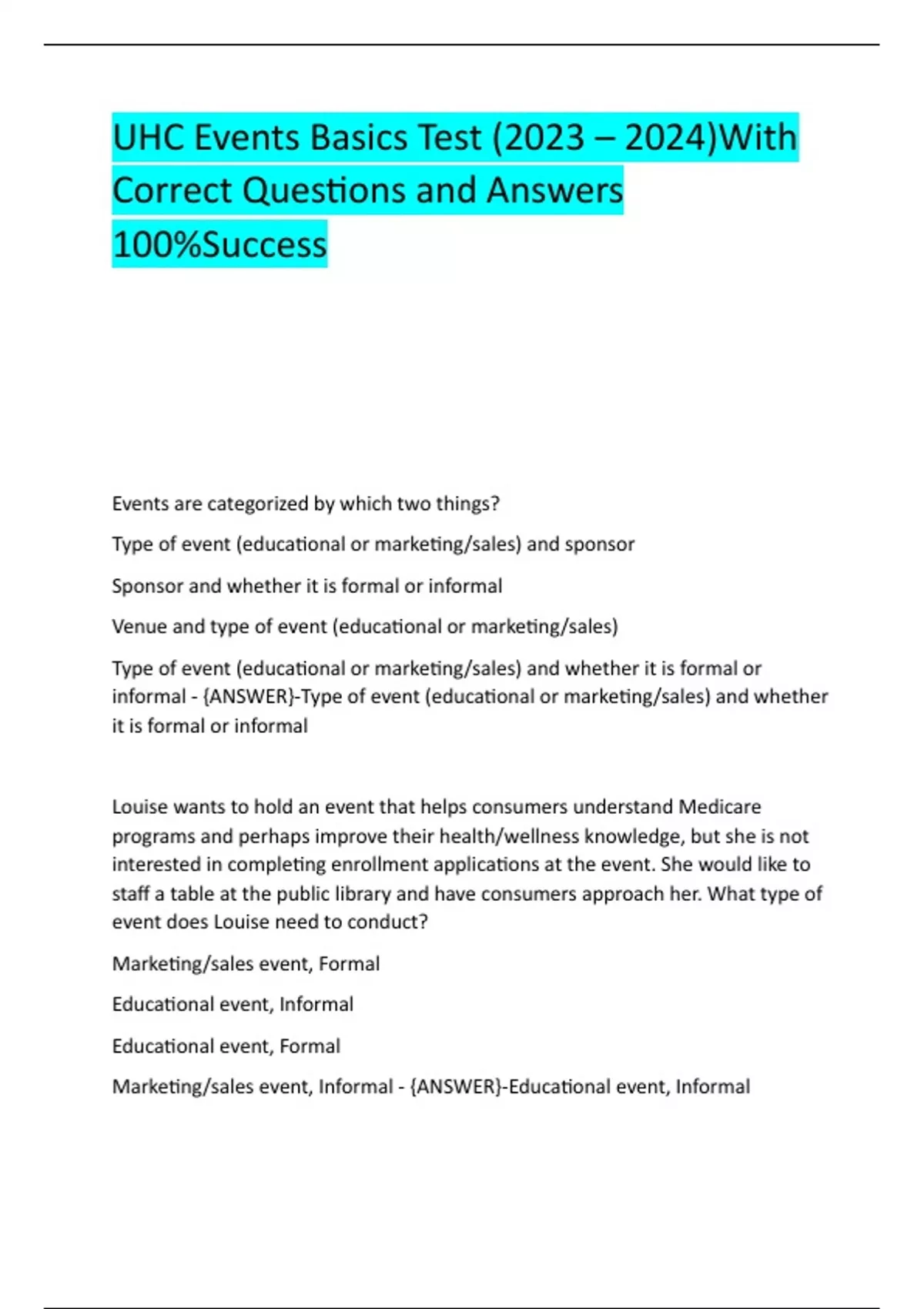 UHC Events Basics Test (2023 – 2024)With Correct Questions and Answers ...