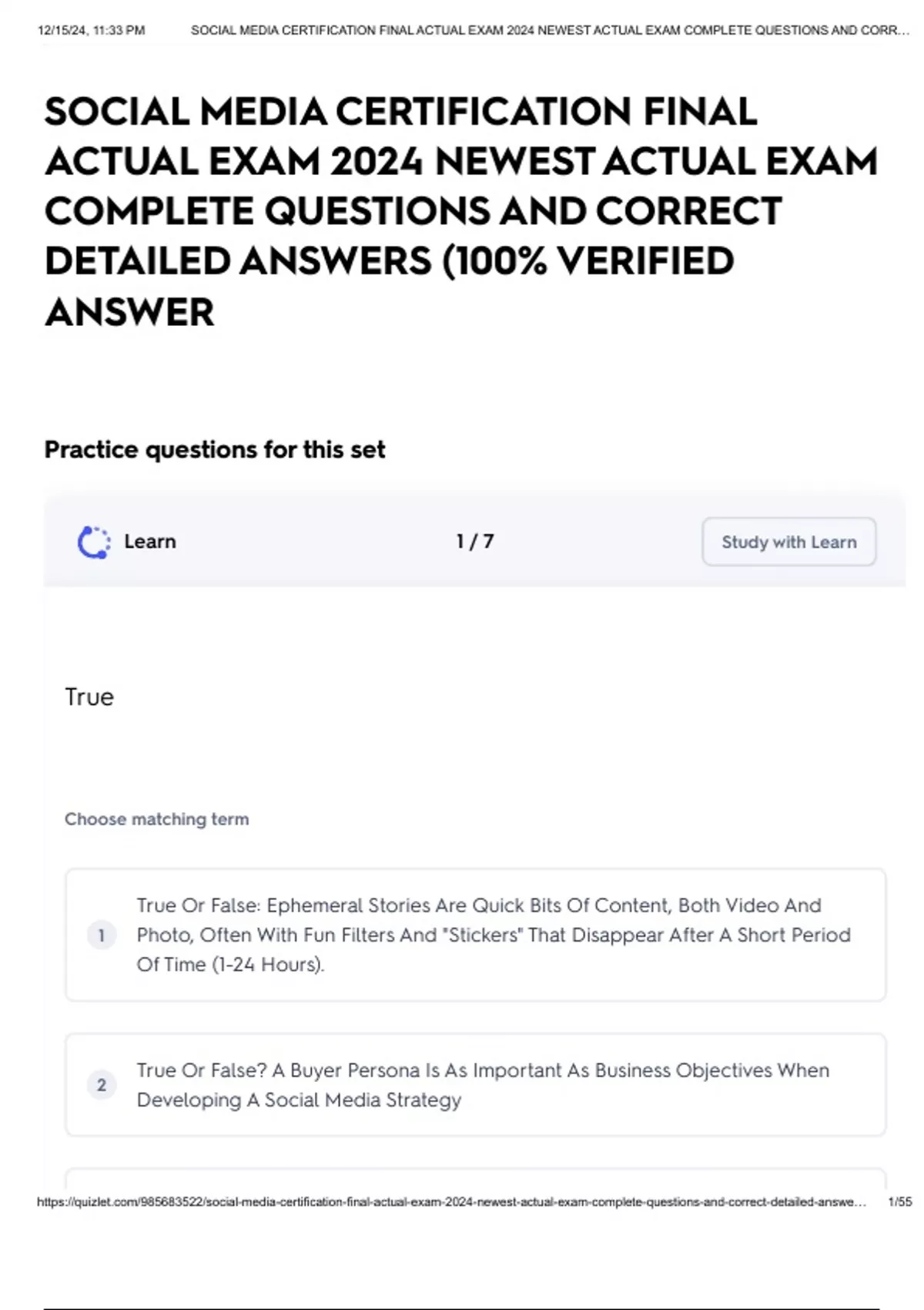 SOCIAL MEDIA CERTIFICATION FINAL ACTUAL EXAM 2024 NEWEST ACTUAL EXAM COMPLETE QUESTIONS AND ...