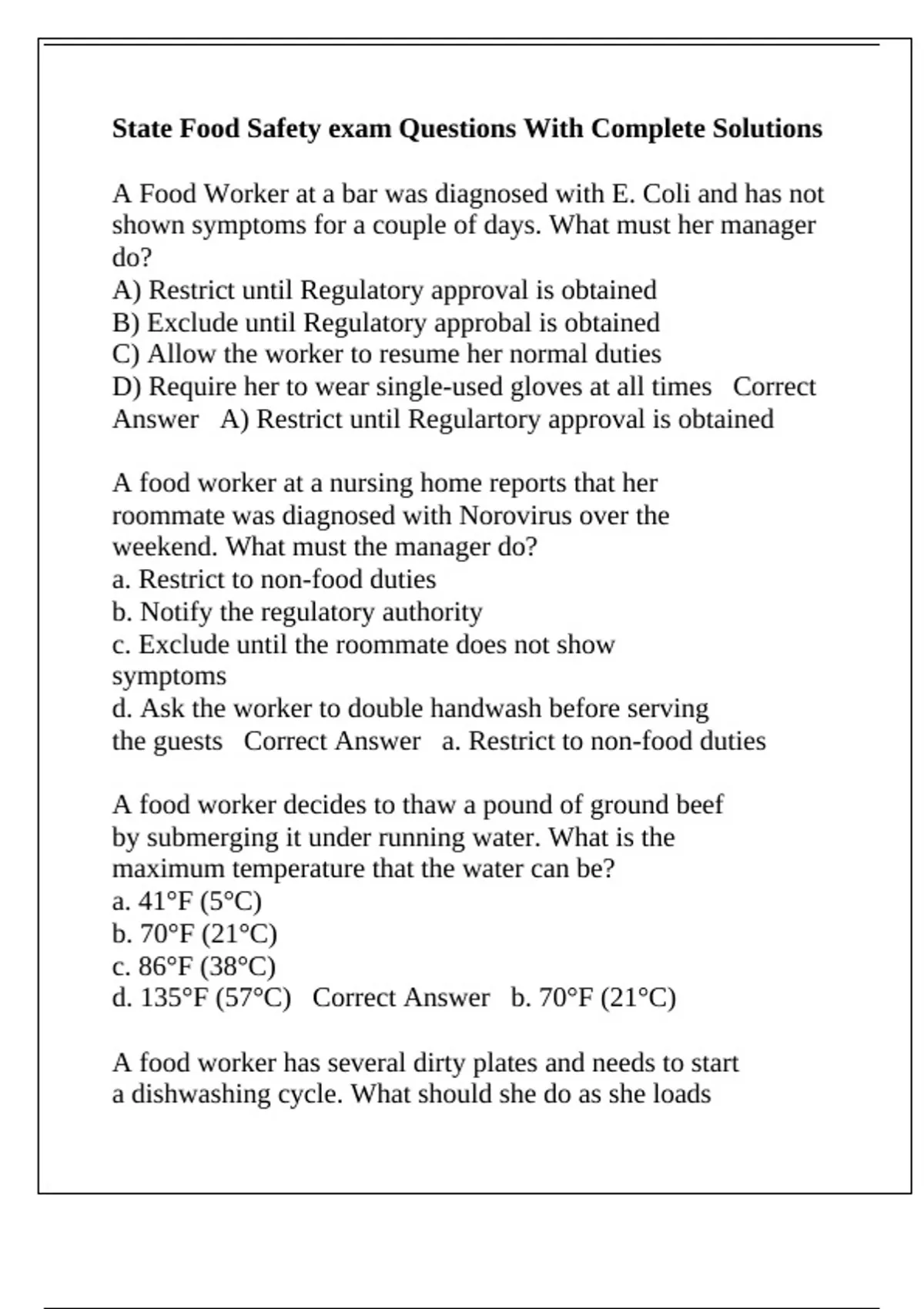 State Food Safety exam Questions With Complete Solutions - State food ...