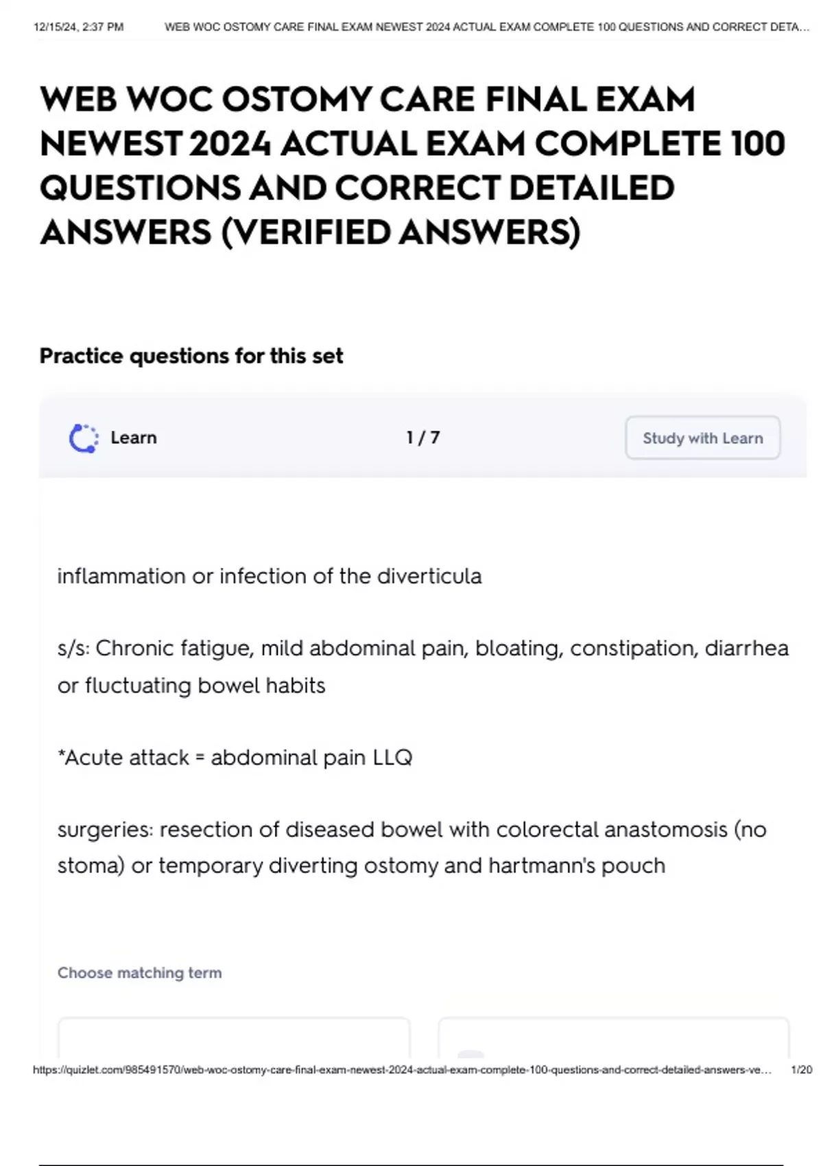 WEB WOC OSTOMY CARE FINAL EXAM NEWEST 2024 ACTUAL EXAM COMPLETE 100 QUESTIONS AND CORRECT ...