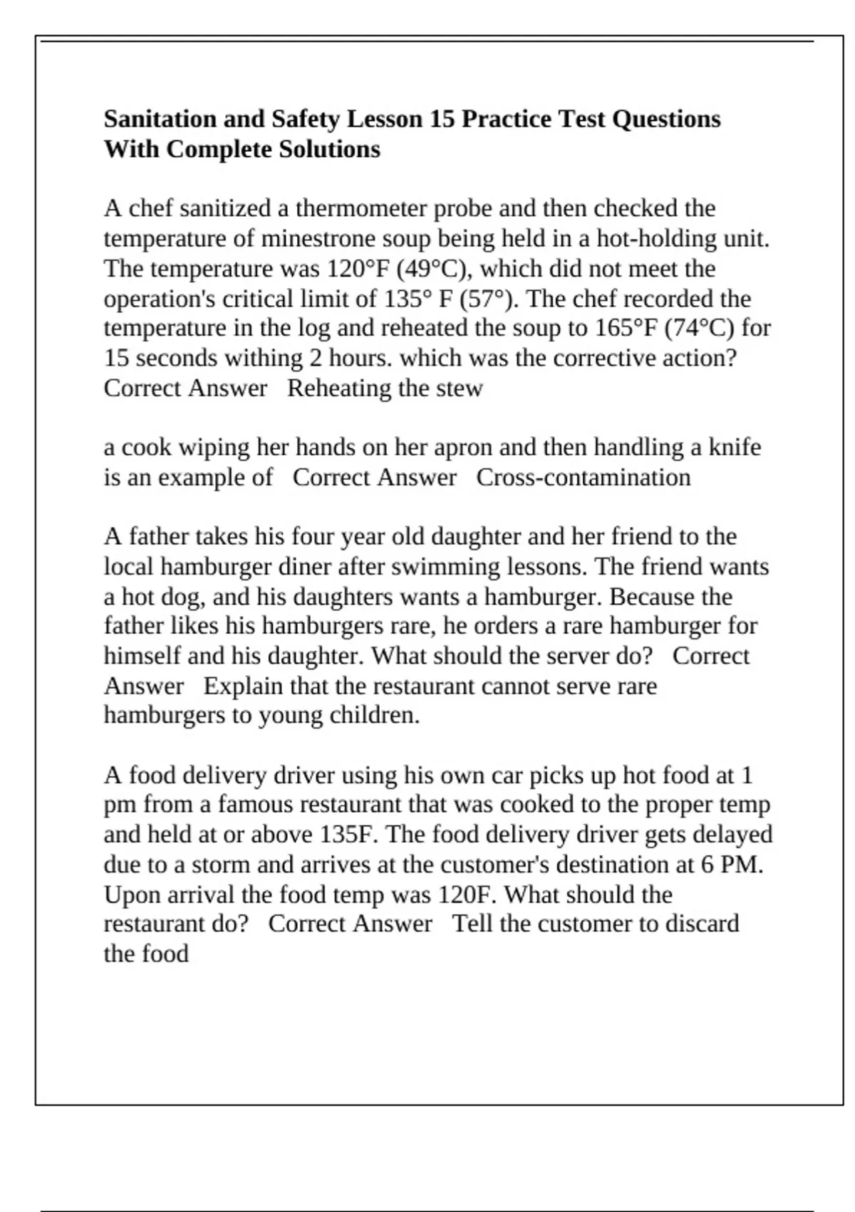 Sanitation and Safety Lesson 15 Practice Test Questions With Complete ...