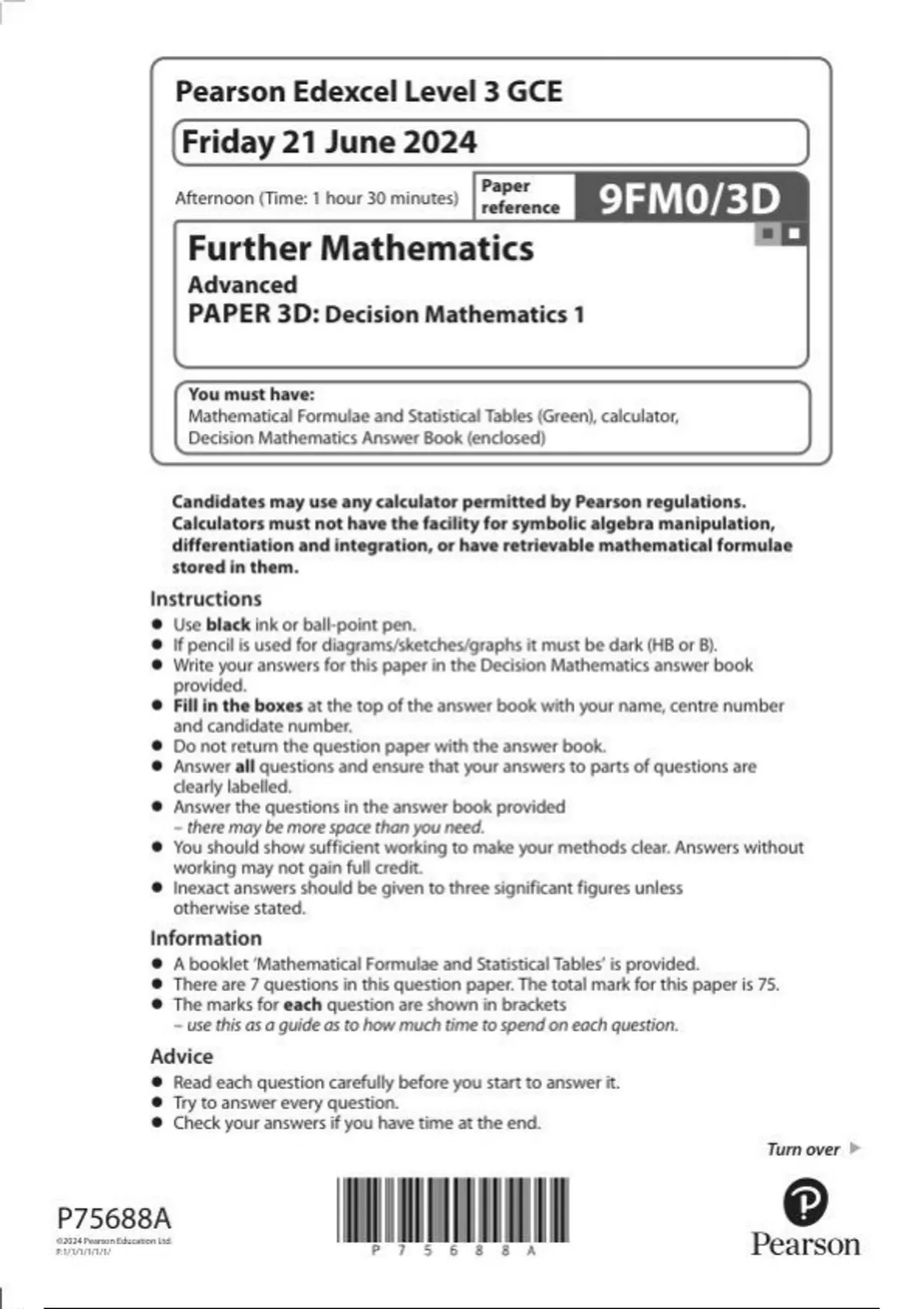 Pearson Edexcel Level 3 GCE Further Mathematics Advanced PAPER 3D ...