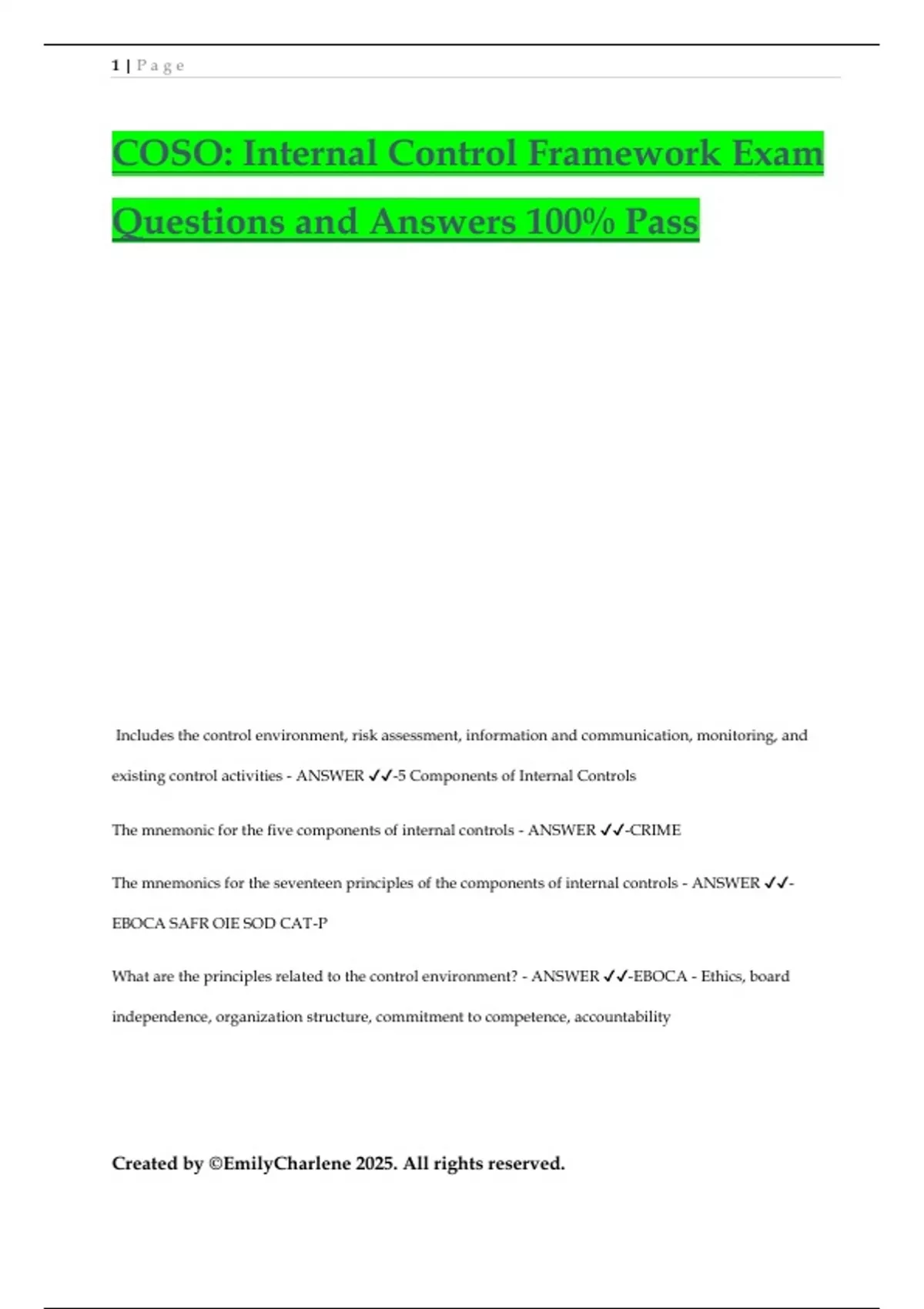 COSO: Internal Control Framework Exam Questions and Answers 100% Pass ...