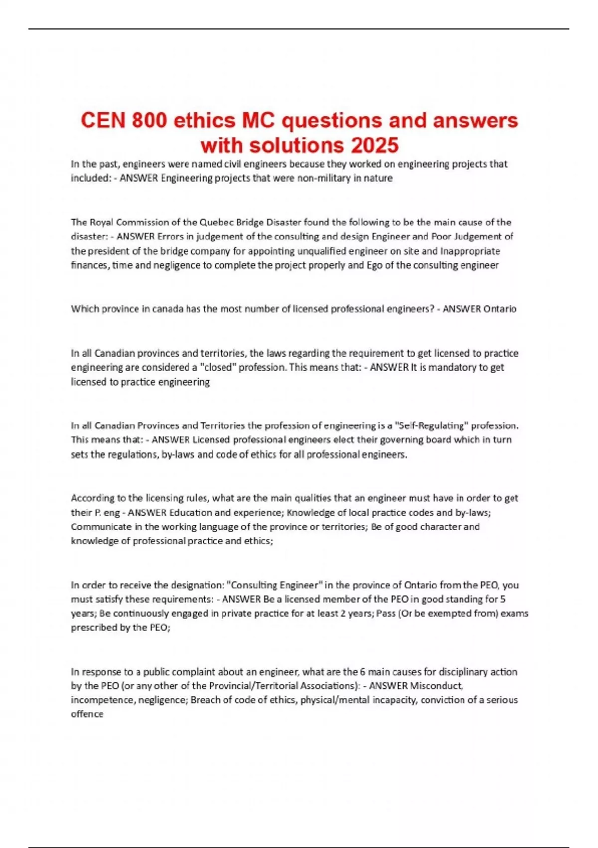 CEN 800 ethics MC questions and answers with solutions 2025 - CEN - Stuvia US