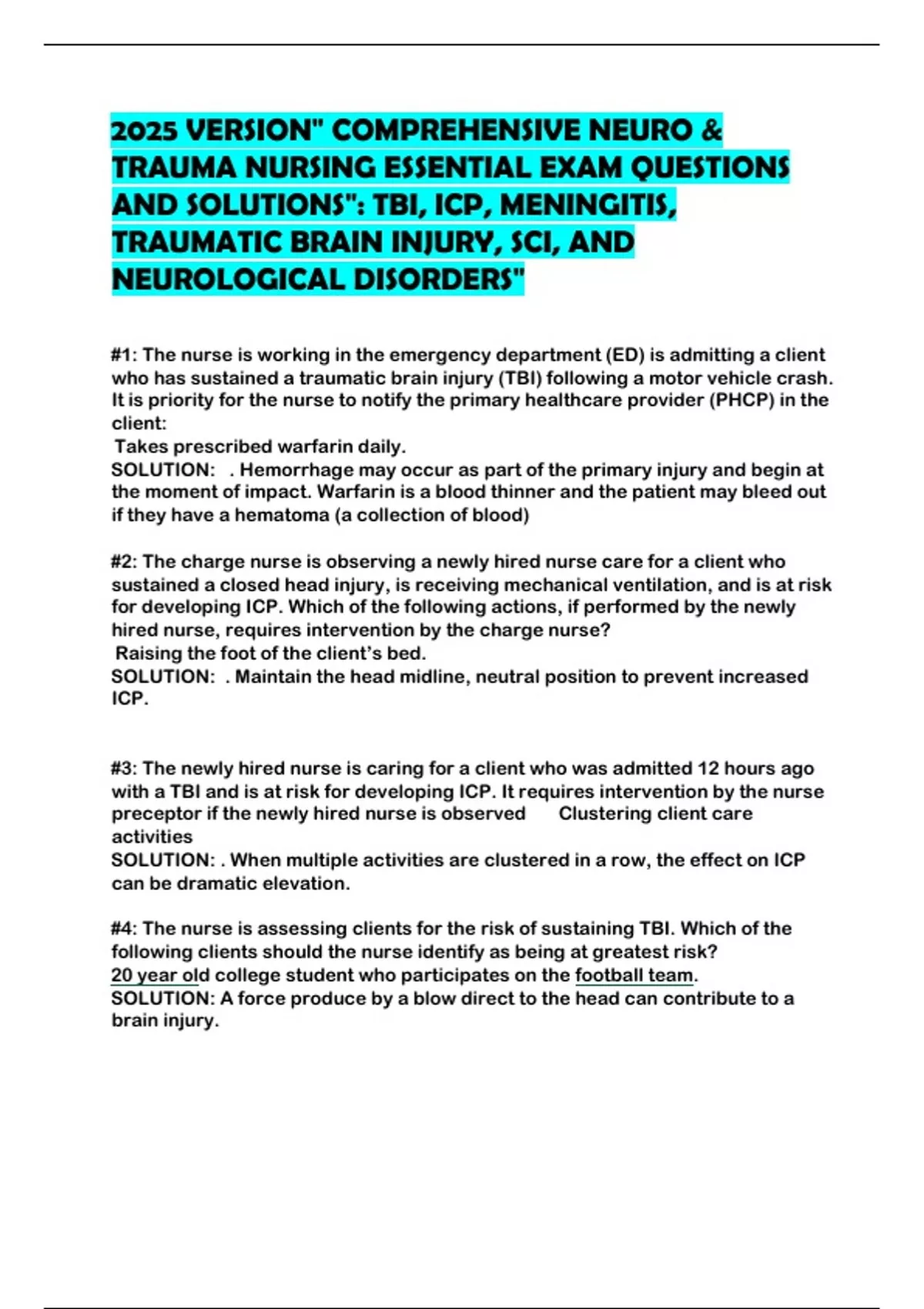 2025 VERSION" COMPREHENSIVE NEURO & TRAUMA NURSING ESSENTIAL EXAM ...