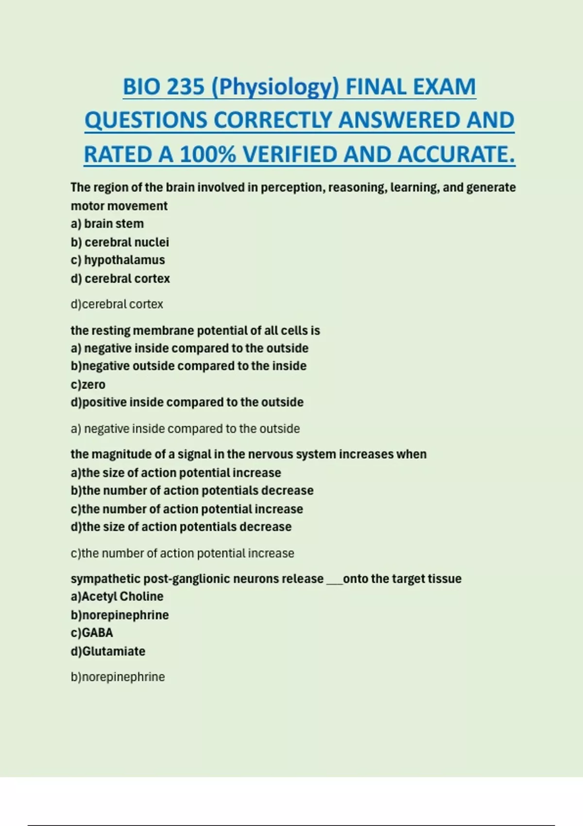 BIO 235 (Physiology) FINAL EXAM QUESTIONS CORRECTLY ANSWERED AND RATED ...