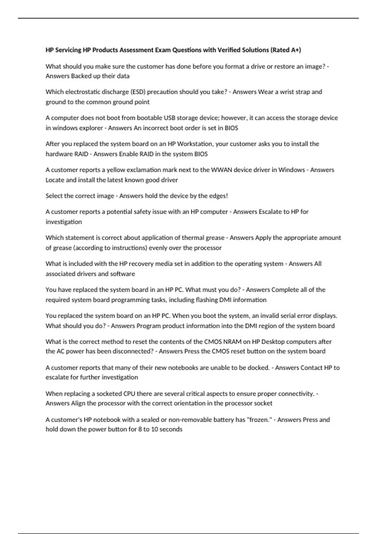 HP Servicing HP Products Assessment Exam Questions with Verified ...