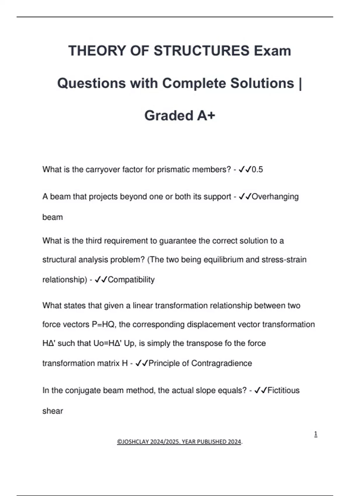 THEORY OF STRUCTURES Exam Questions with Complete Solutions | Graded A+ ...