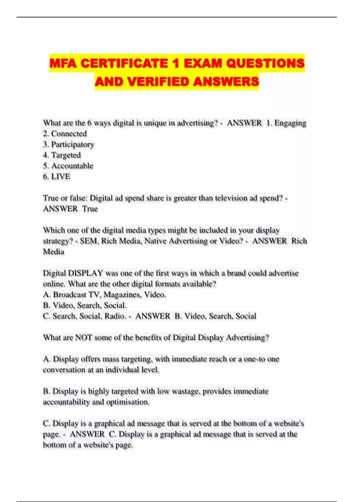 MFA CERTIFICATE 1 EXAM QUESTIONS AND VERIFIED ANSWERS - MFA CERTIFICATE ...