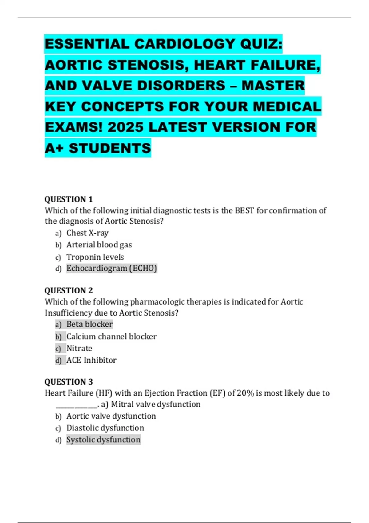"Essential Cardiology Quiz: Aortic Stenosis, Heart Failure, and Valve ...